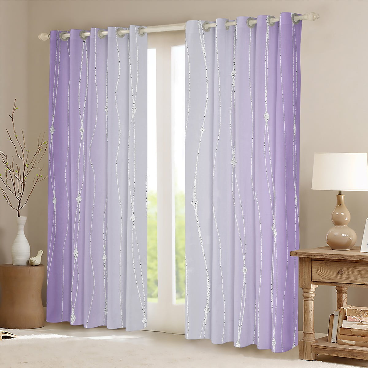 Lilac Purple and Grey Watercolor Blackout Curtains Wave Lines and Dots ...