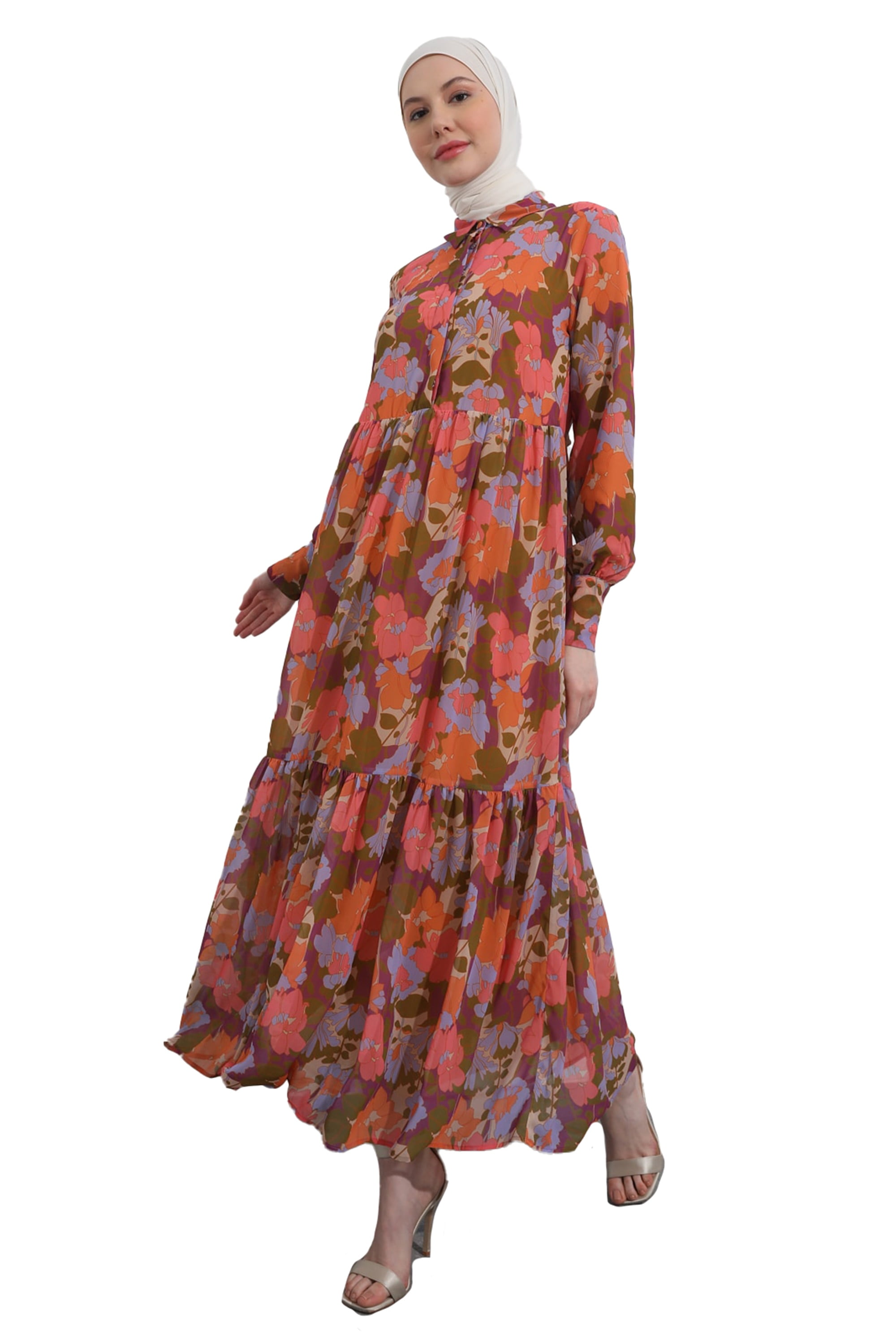 Lilac - Salmon - Floral - Point Collar - Fully Lined - Modest Dress ...