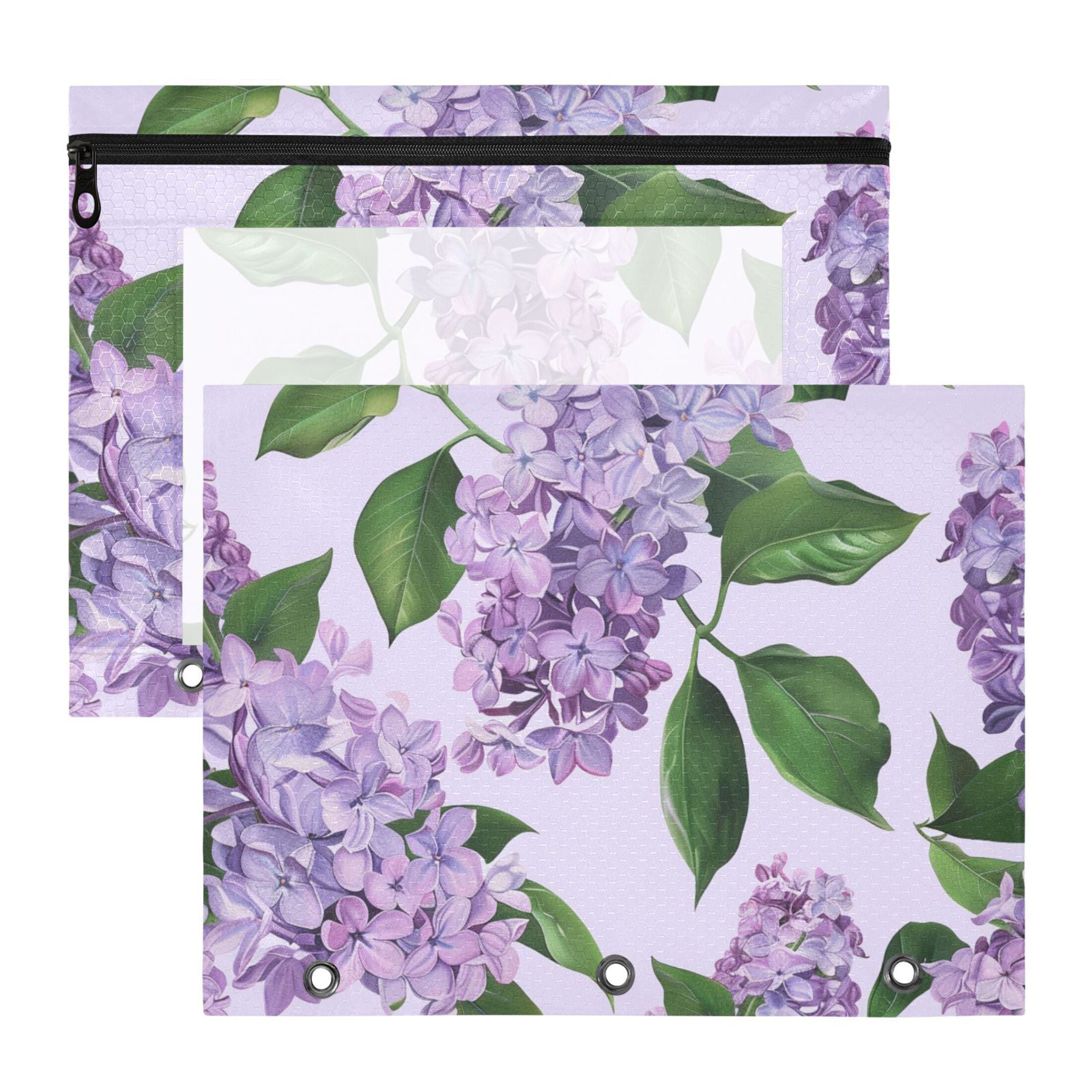 Lilac with Green Leaves 3-Ring Binder Pouches A4 Size Zipper Pocket ...