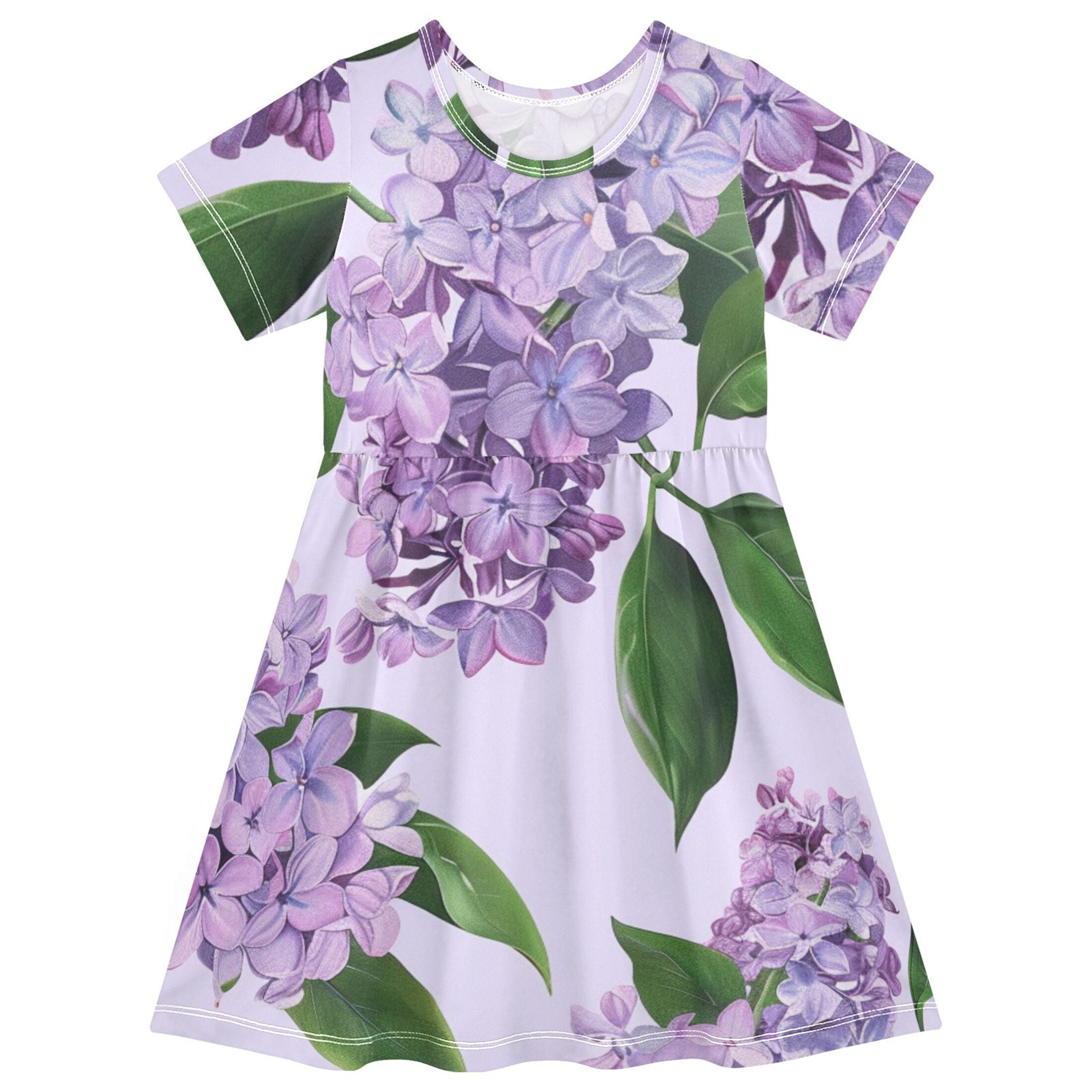 Lilac with Green Leaves Girls' Short Sleeve Dress A-Line One-Piece Dress UPF 50+ Quick Dry 3T ...