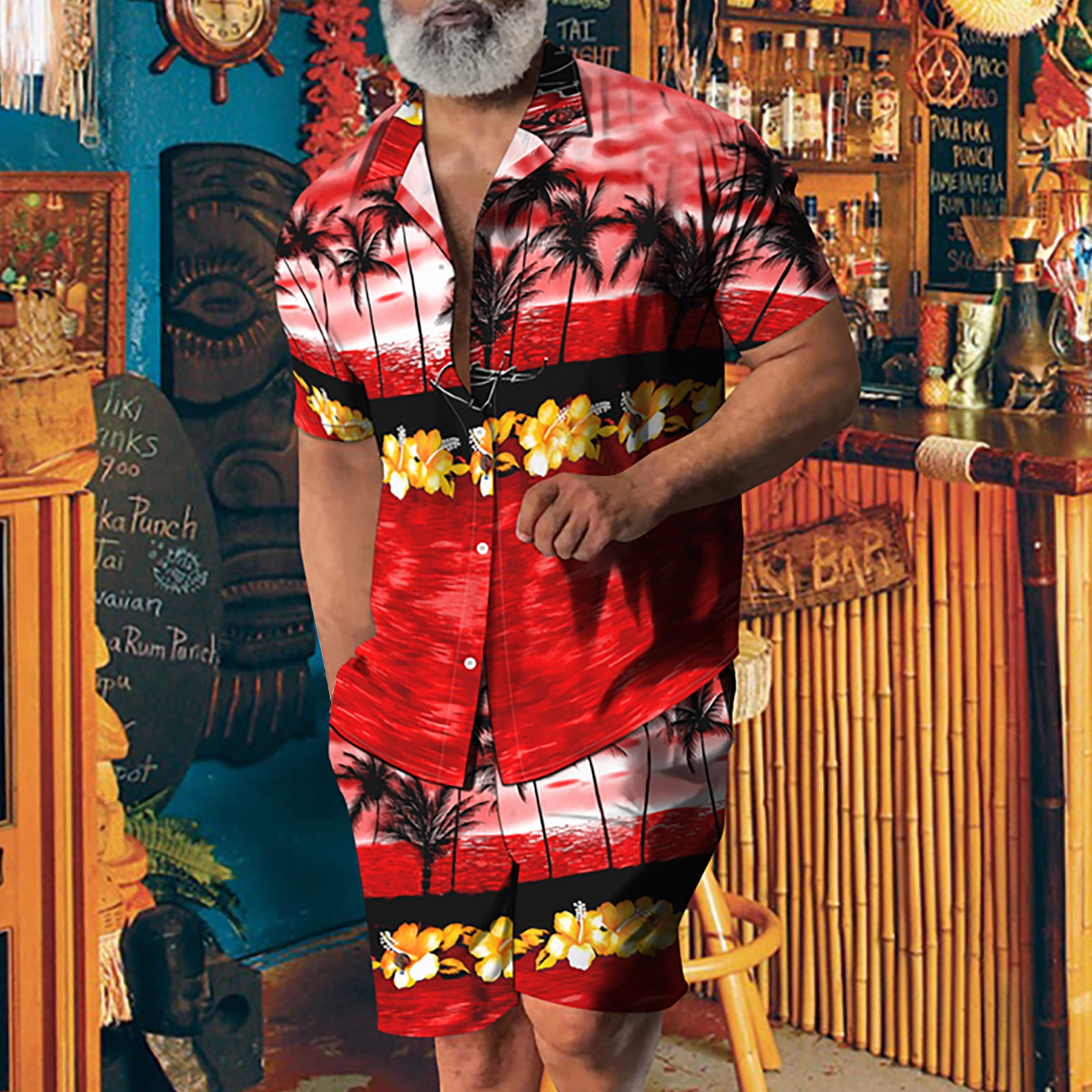 Lilgiuy 2PC Men's Button Cardigan Turndown Print Short Sleeve Beach ...