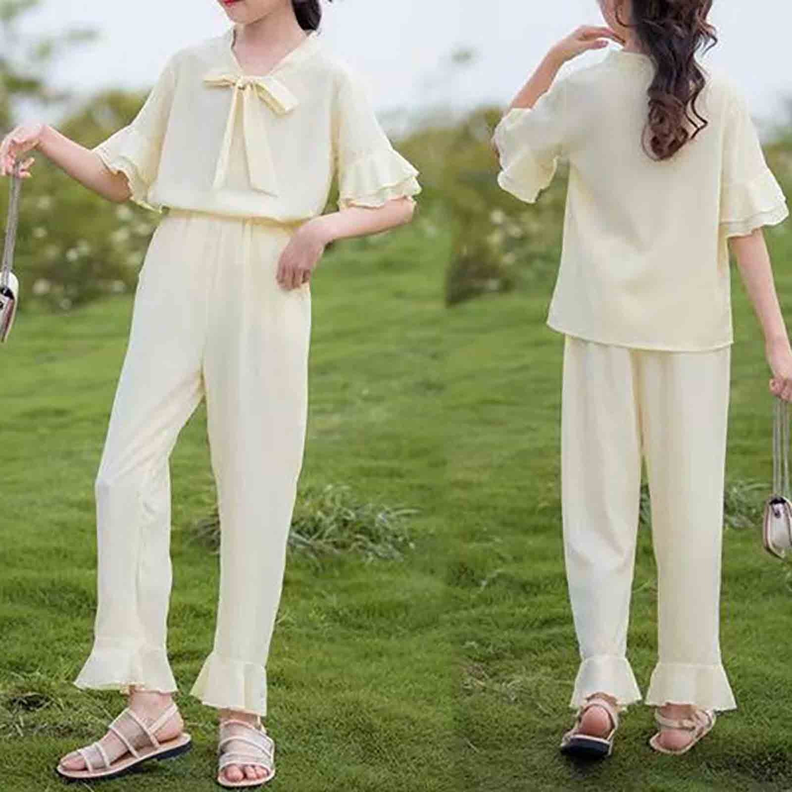 Lilgiuy 2Pcs Little Girl Solid Color Outfit Set Cute Bow Tie V-Neck ...