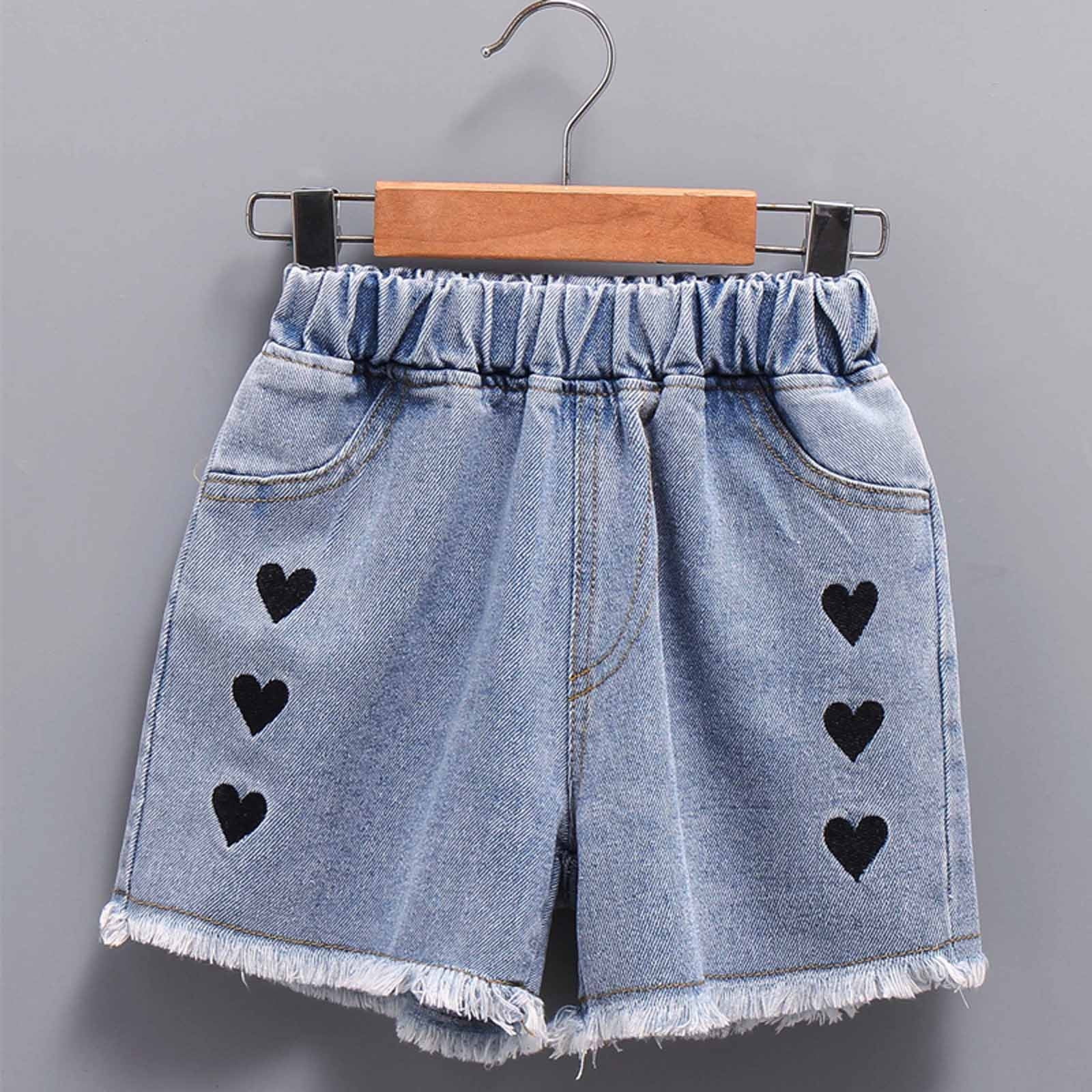 Lilgiuy Big Girls Summer Denim Shorts Thin Heart Embroidered Elastic ...