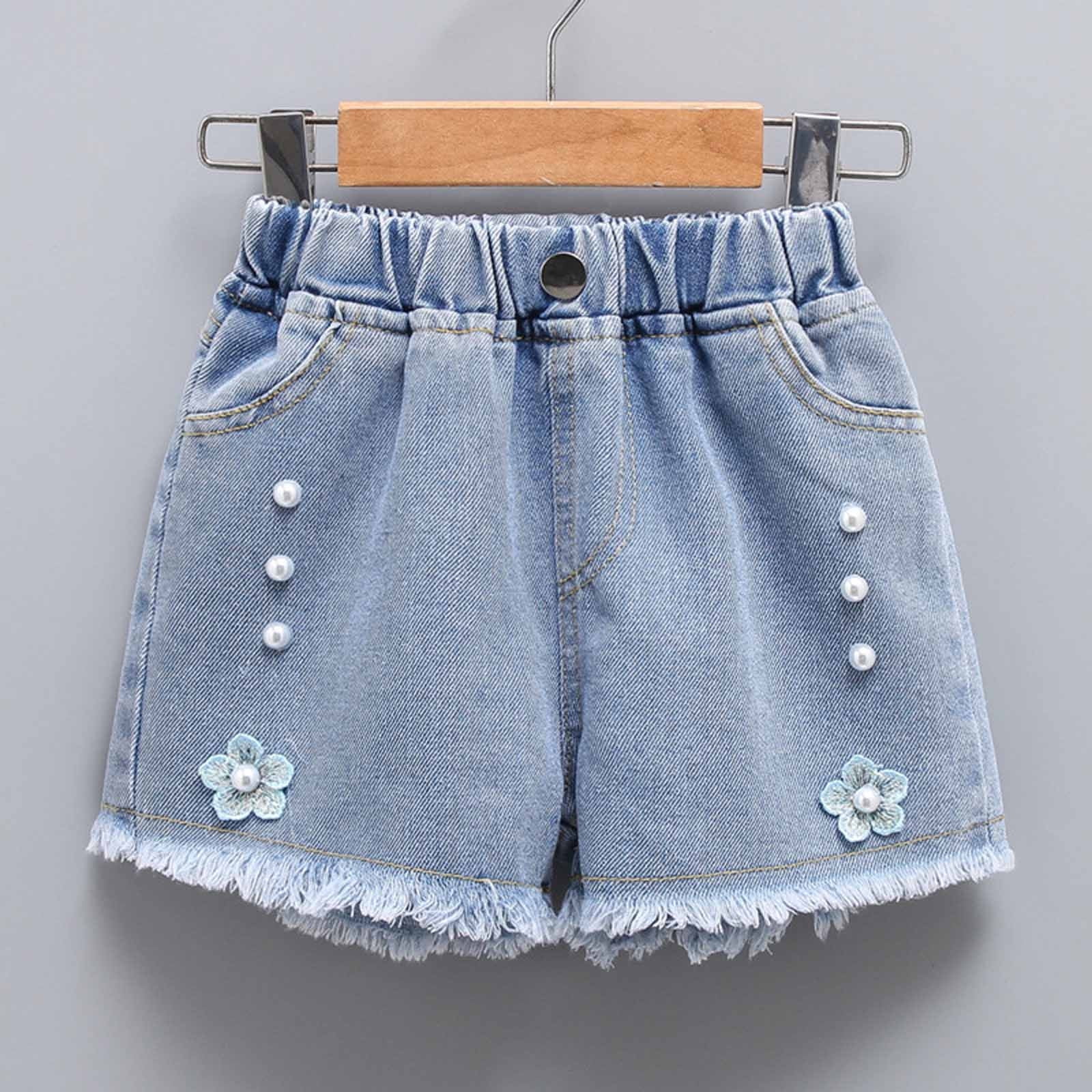 Lilgiuy Big Girls Summer Denim Shorts Thin Pearl Flower Decoration ...