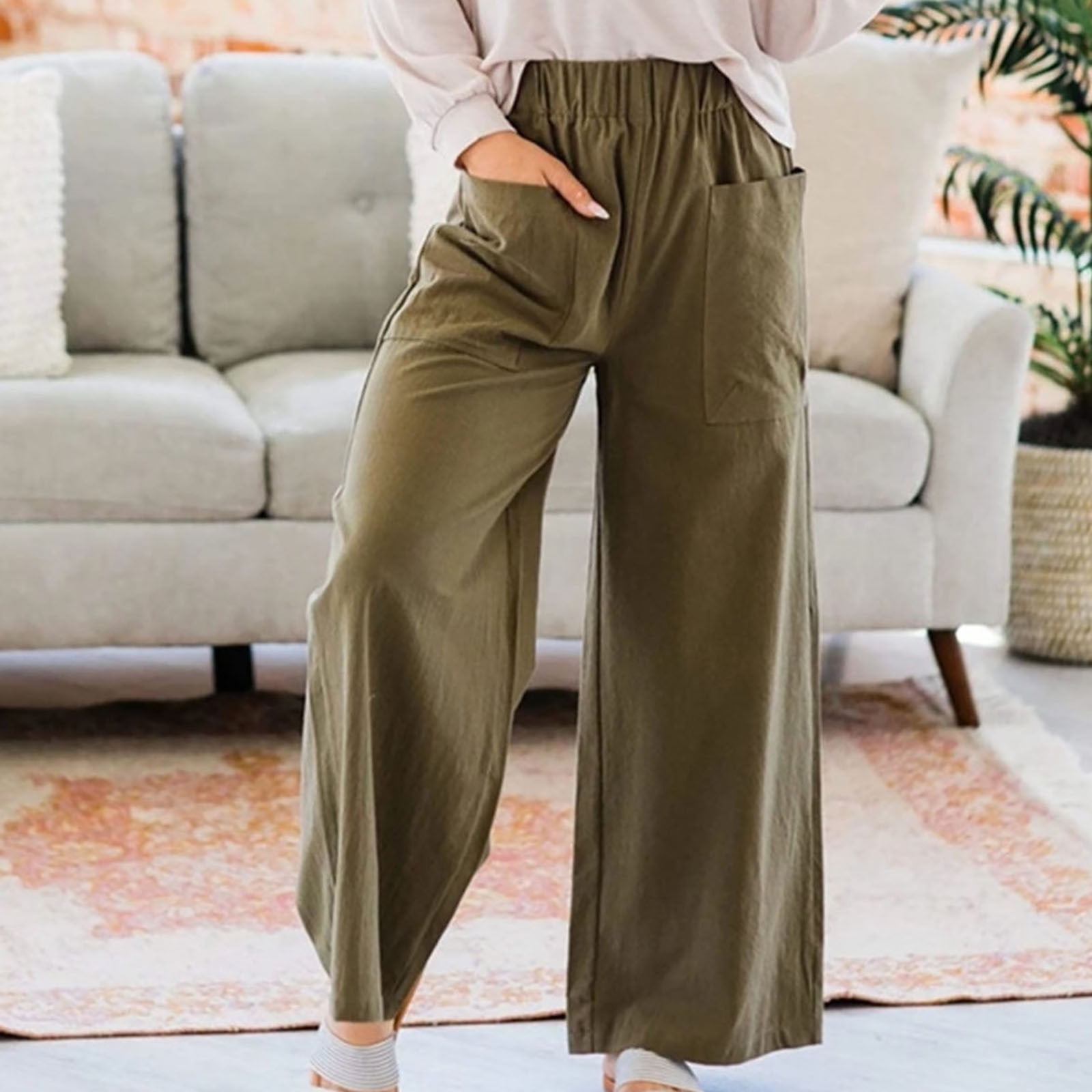 Lilgiuy Fashion Womens Casual Solid Color Pants Straight Wide Leg ...