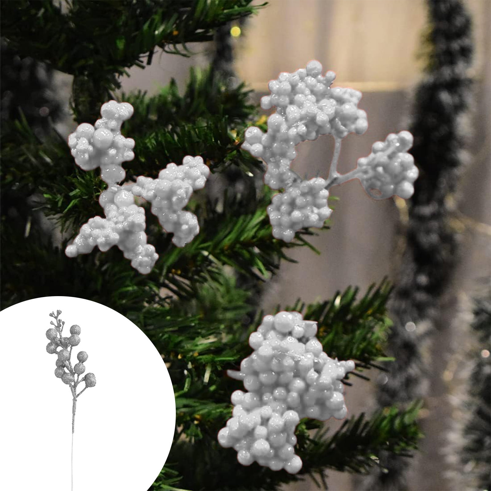 Lilgiuy Glitter Berry Stems for Christmas Tree Ornaments, Silver Picks ...