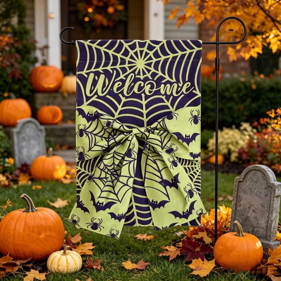 Lilgiuy Halloween 3D Bow Garden Flag, 17.72x11.81 in Spider Web Bat ...