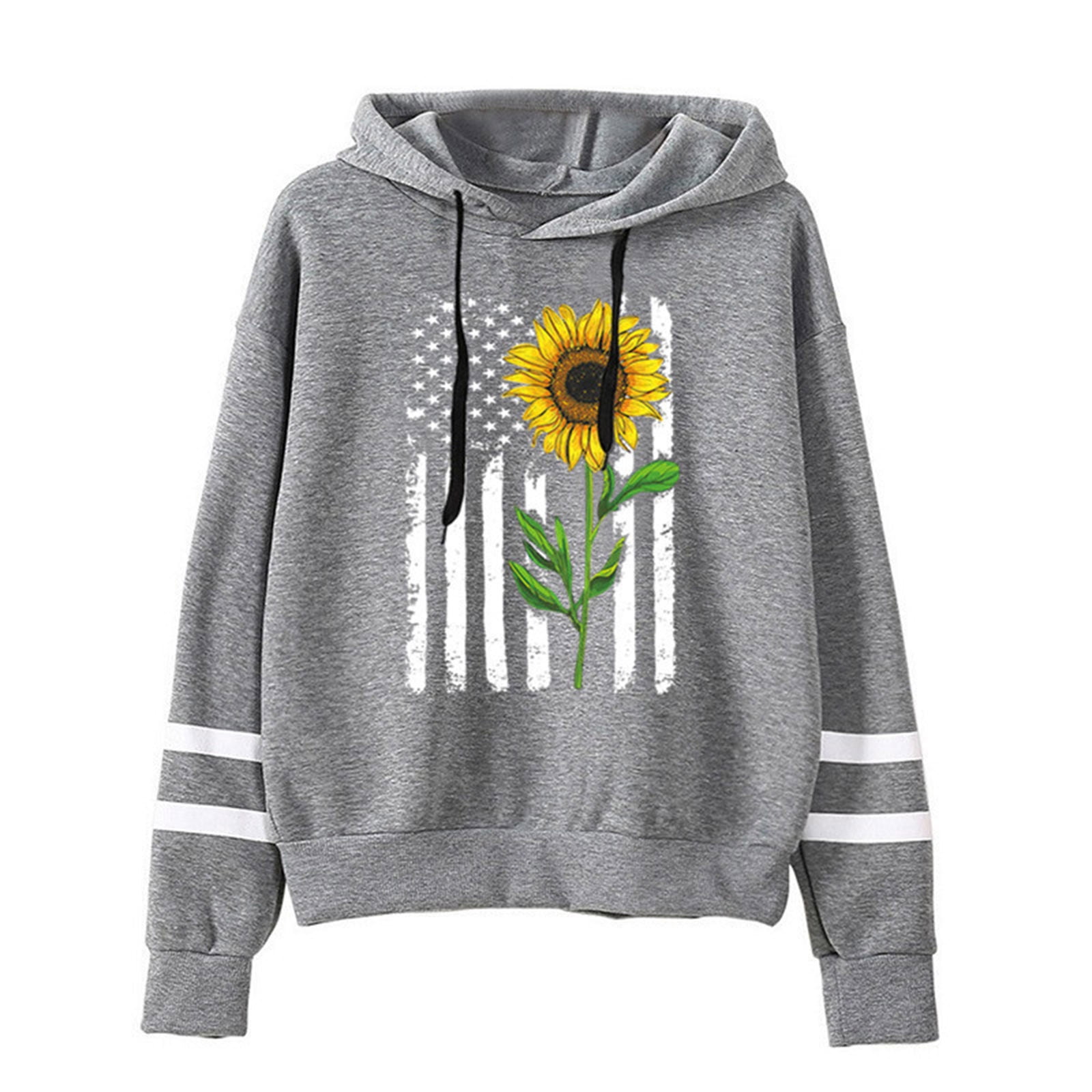Lilgiuy Ladies Sunflower Printed Hooded Pullover Striped Long Sleeve ...