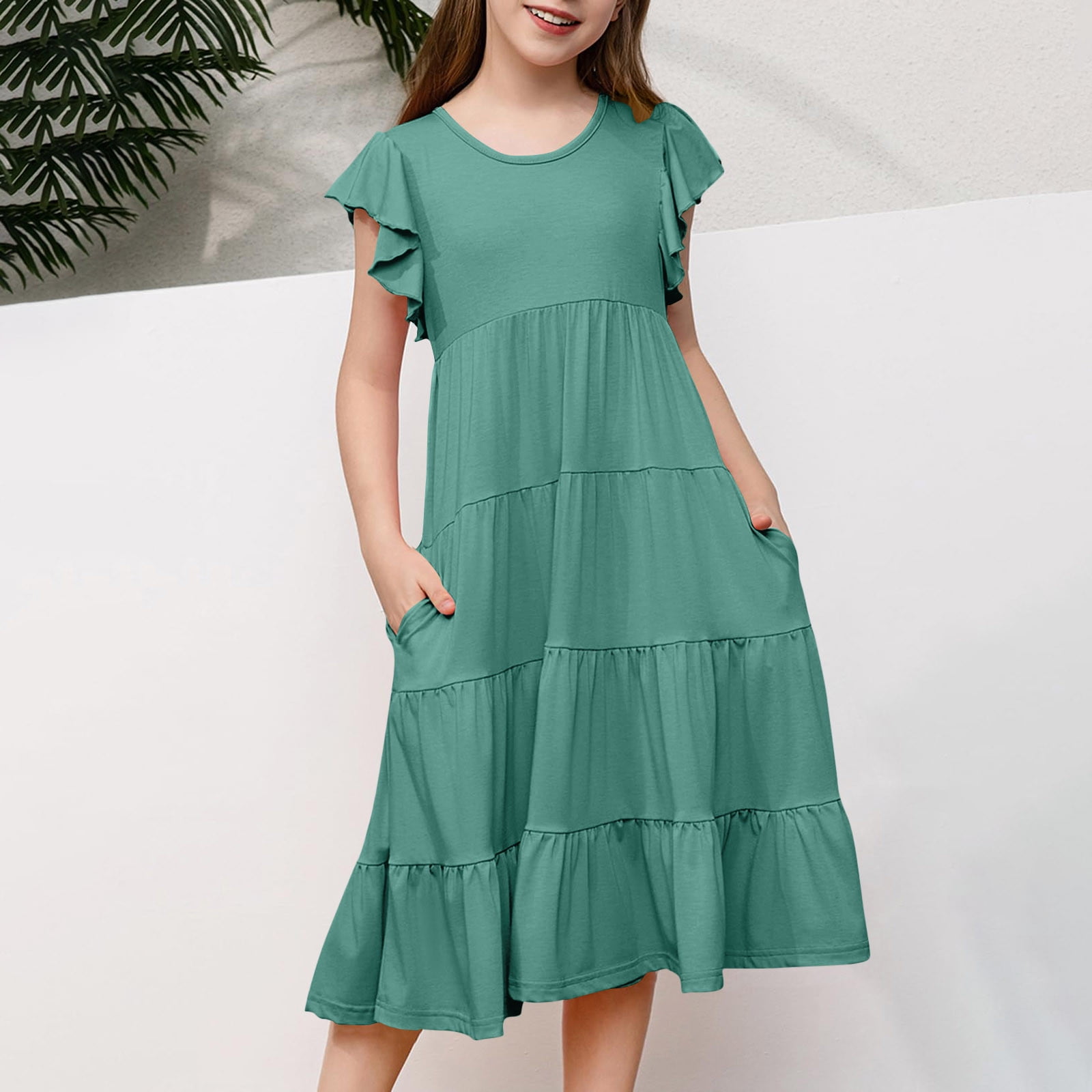 Lilgiuy Little Girl's Summer Dresses Cute Solid Color Ruffle Sleeve ...