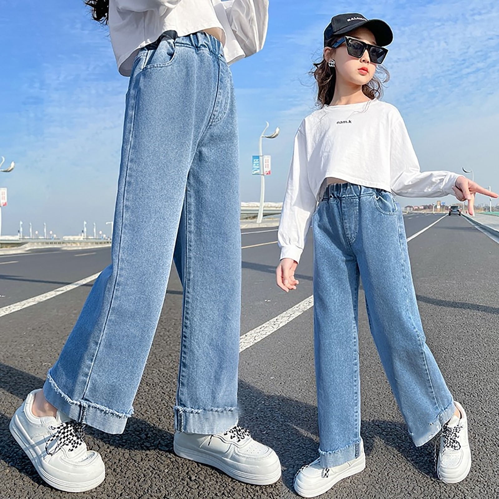 Lilgiuy Little Girls Jeans Denim Elastic High Waisted Wide Leg Baggy Cargo Pants with Pockets ...