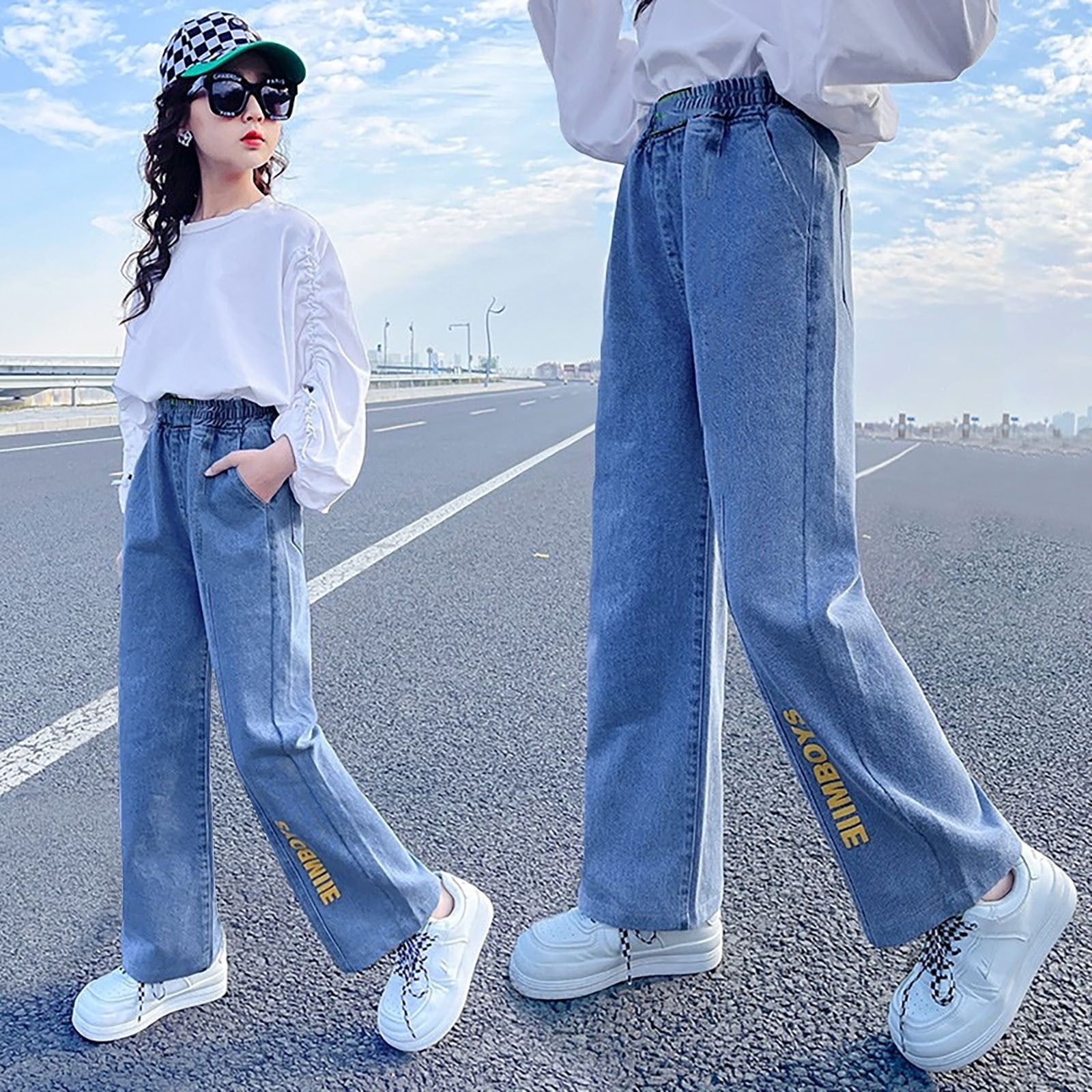 Lilgiuy Little Girls Jeans Denim Elastic High Waisted Wide Leg Baggy ...