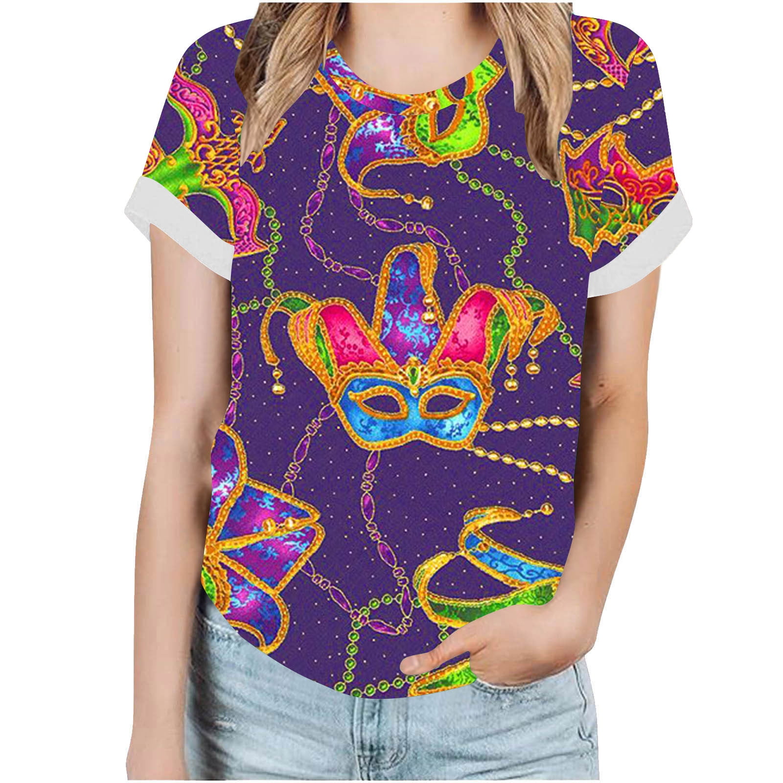 Lilgiuy Mardi Gras Shirt for Women Mardi Mask T-Shirt 3D Short Sleeve ...