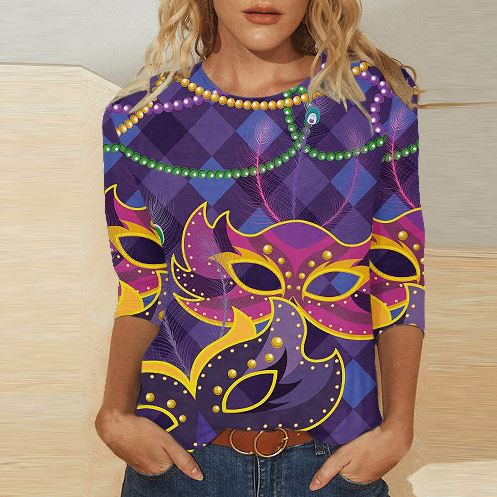 Lilgiuy Mardi Gras Tee Shirts Women Trendy Mask Graphic T Shirt ...