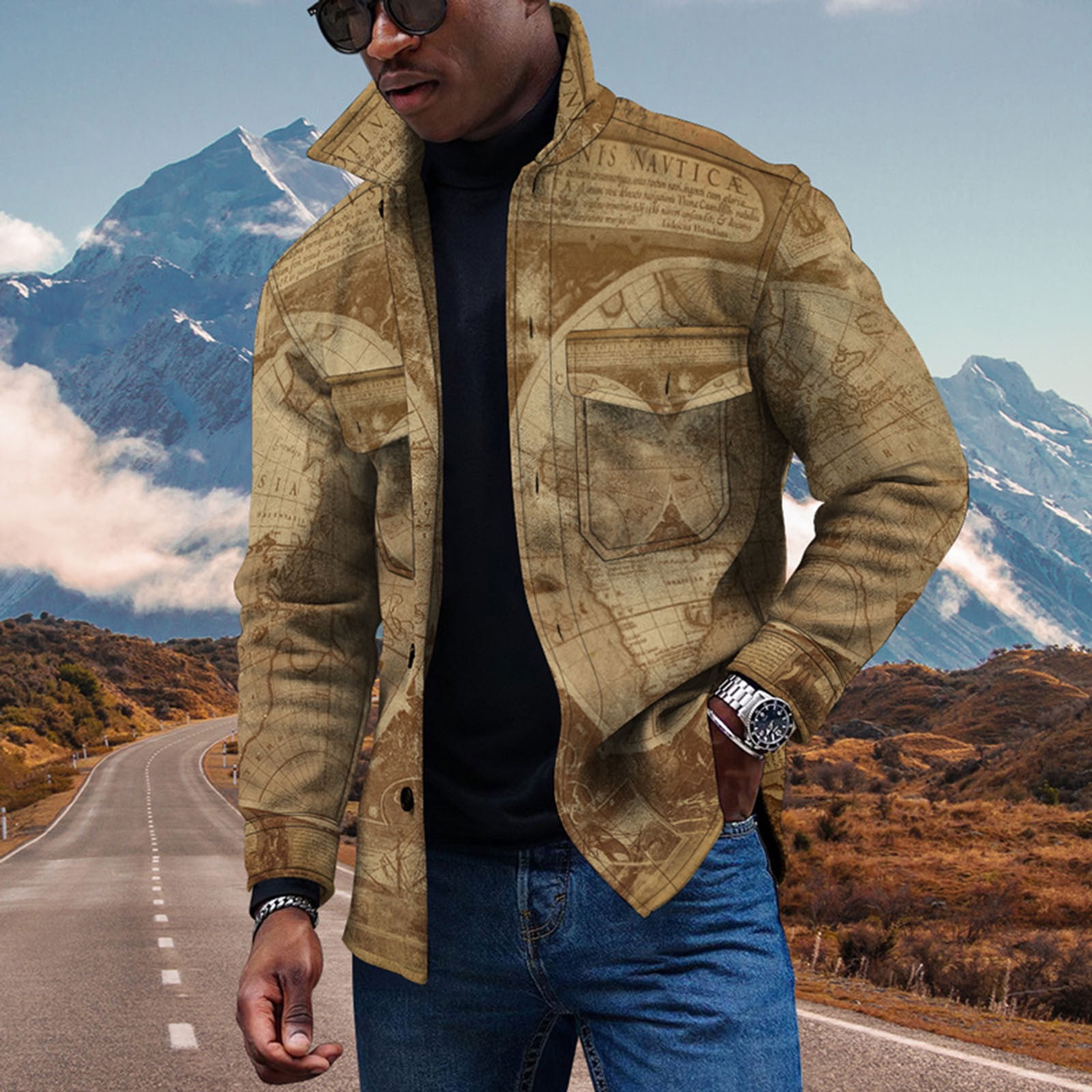 Lilgiuy Men Casual Printing Turndown Long Sleeved Button Pocket Outwear Jacket for Riding ...