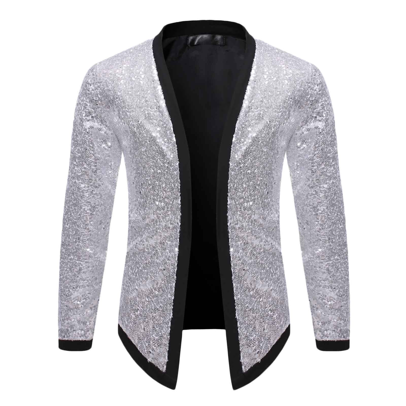 Lilgiuy Men Casual Solid Long Sleeve Sequin Dance Dress Cardigan Jacket ...