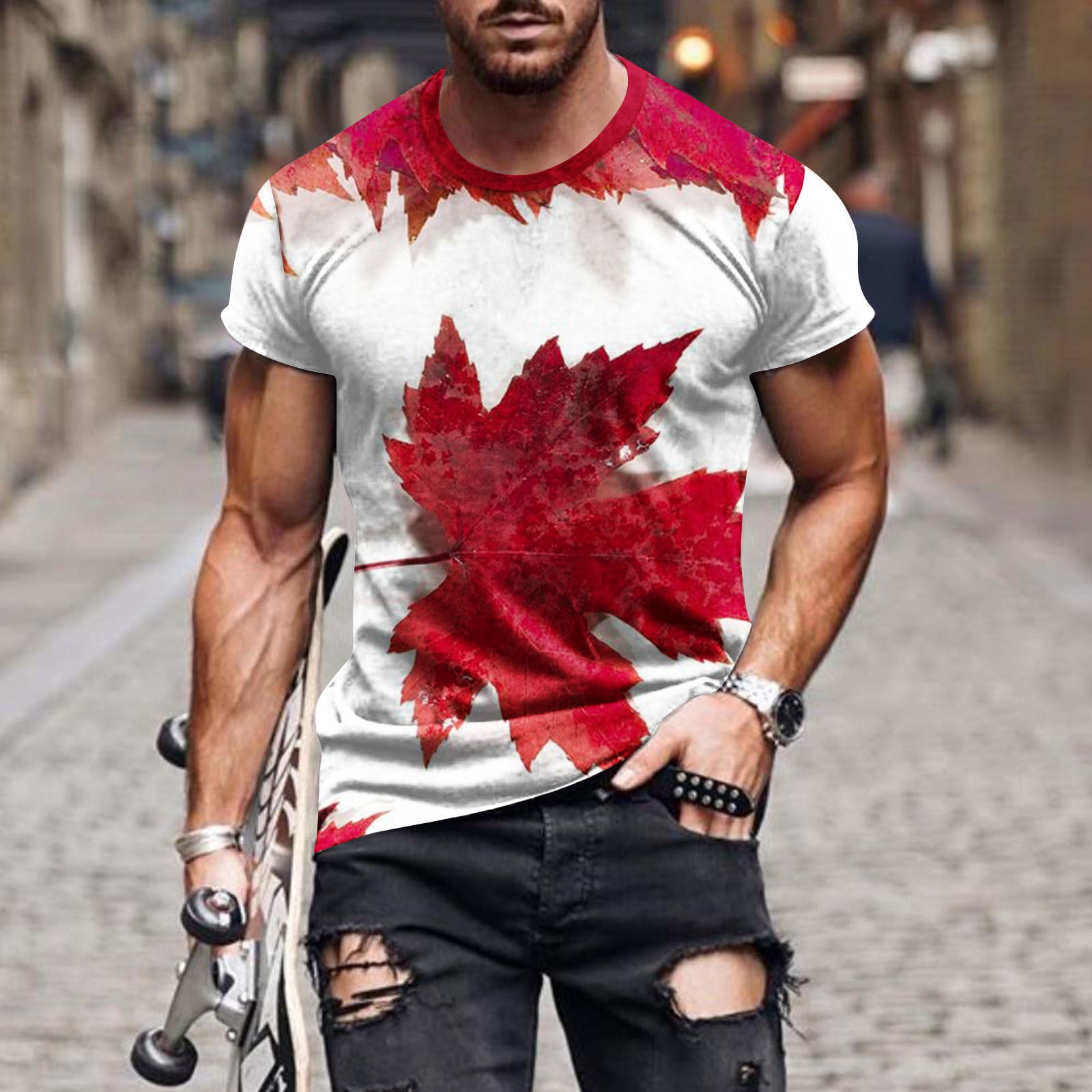 Lilgiuy Mens 1st of July T-Shirt Oversized Short Sleeve Maple Leaf ...