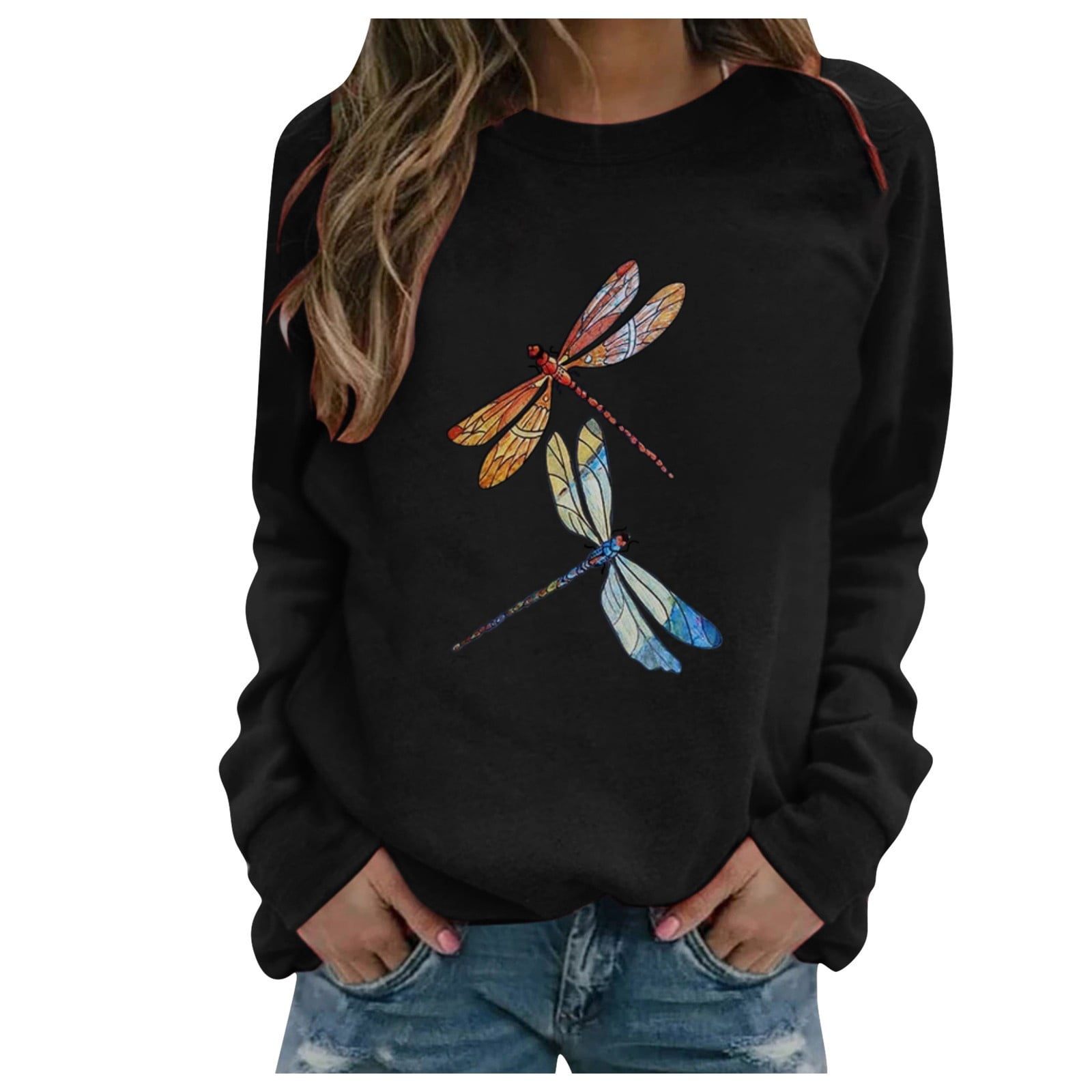 Lilgiuy Women's Long Sleeve Dragonfly Print Pullover Sweatshirt, Casual ...