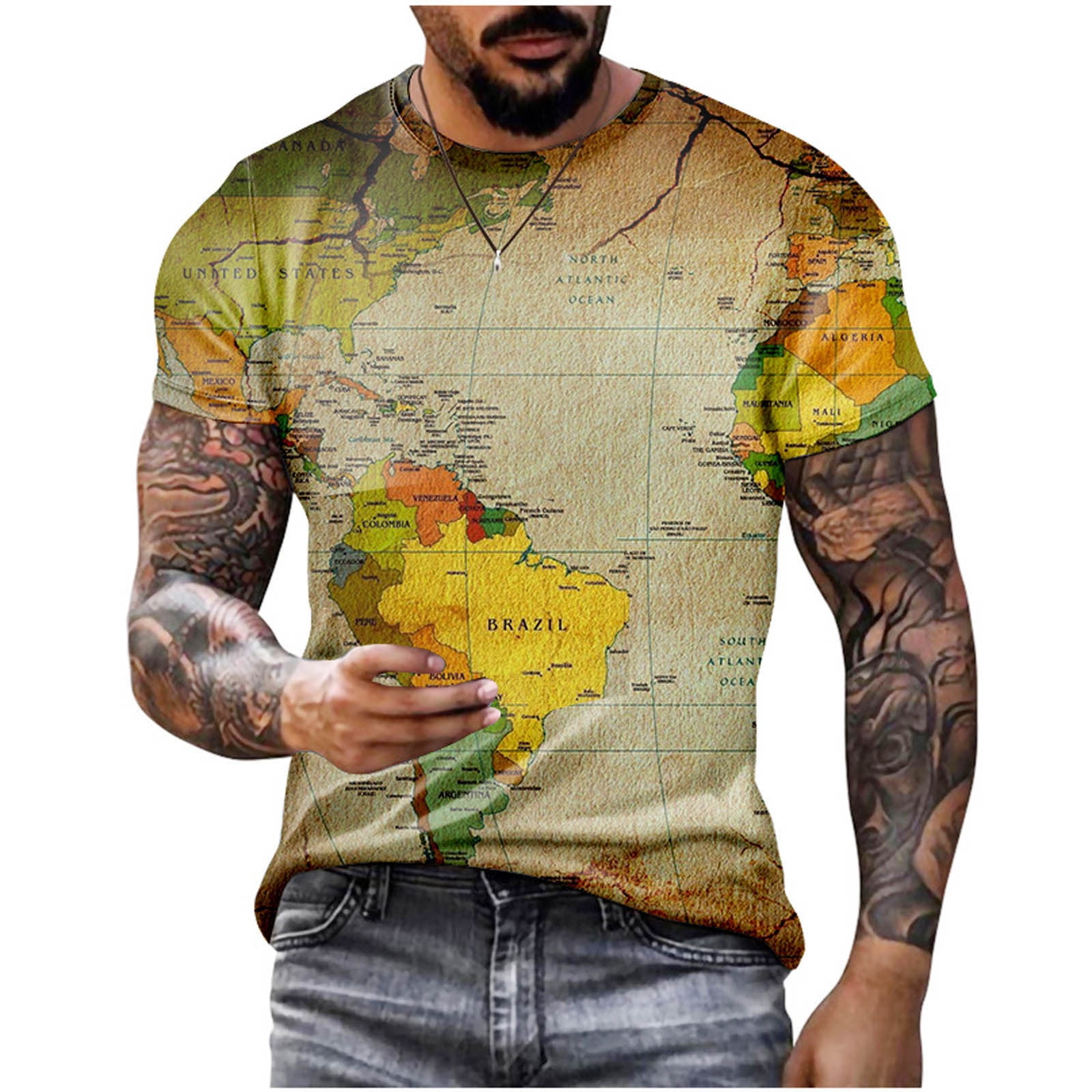 Lilgiuy Rollbacks World Map T-Shirt Men's Plus Size Short Sleeve Shirt ...