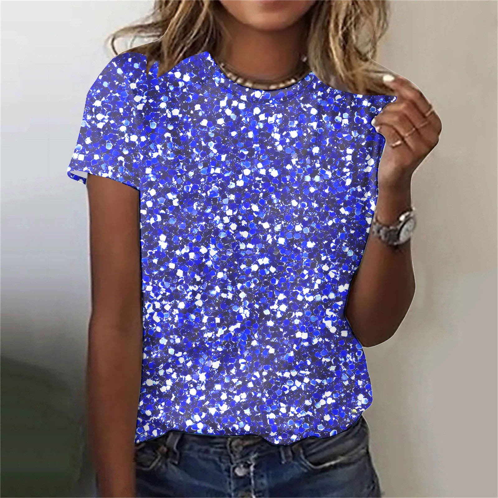 Lilgiuy Sequin Tops for Women Summer Solid Color Bright Print Crewneck ...