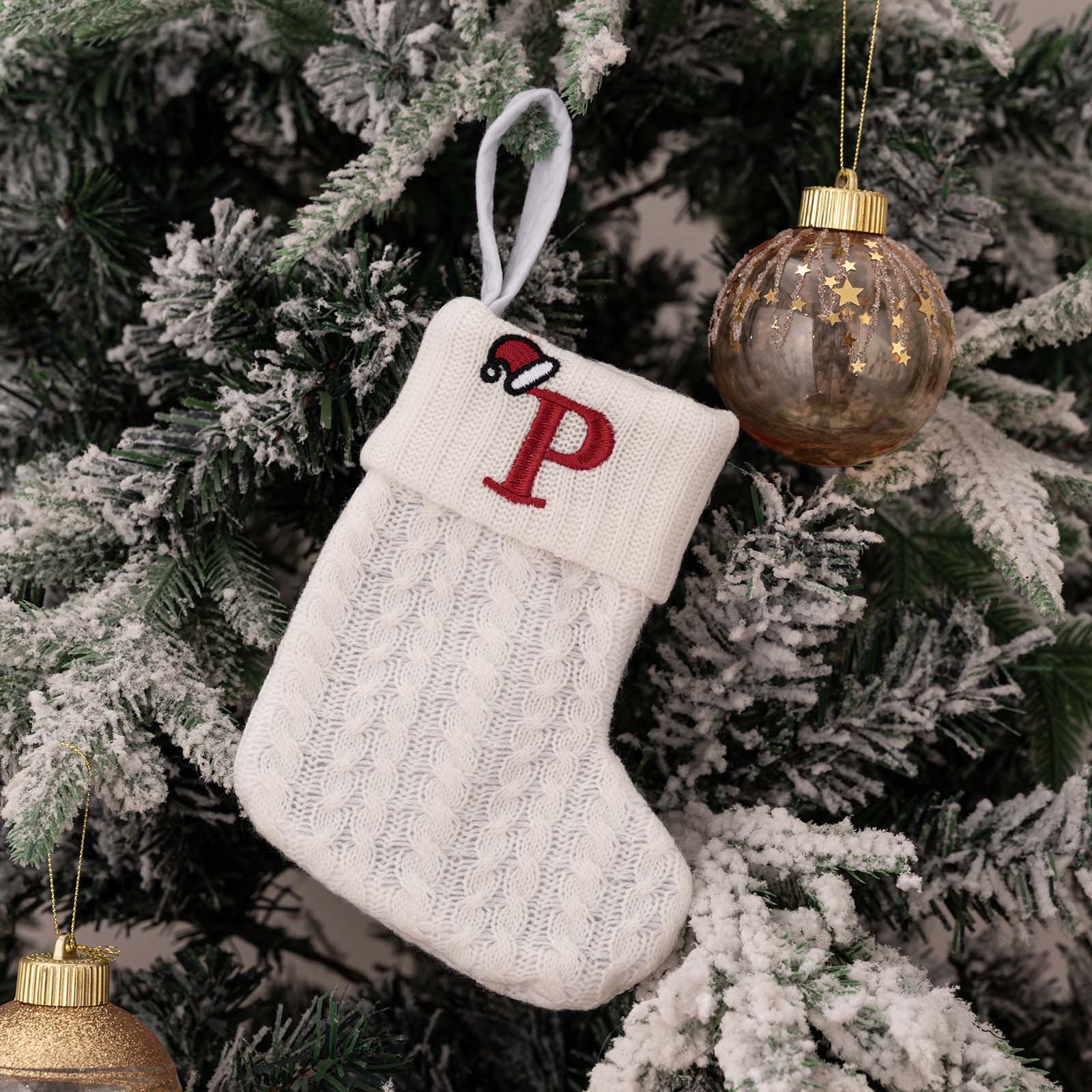 Lilgiuy White Christmas Stocking Small Embroidered Knit Stocking ...