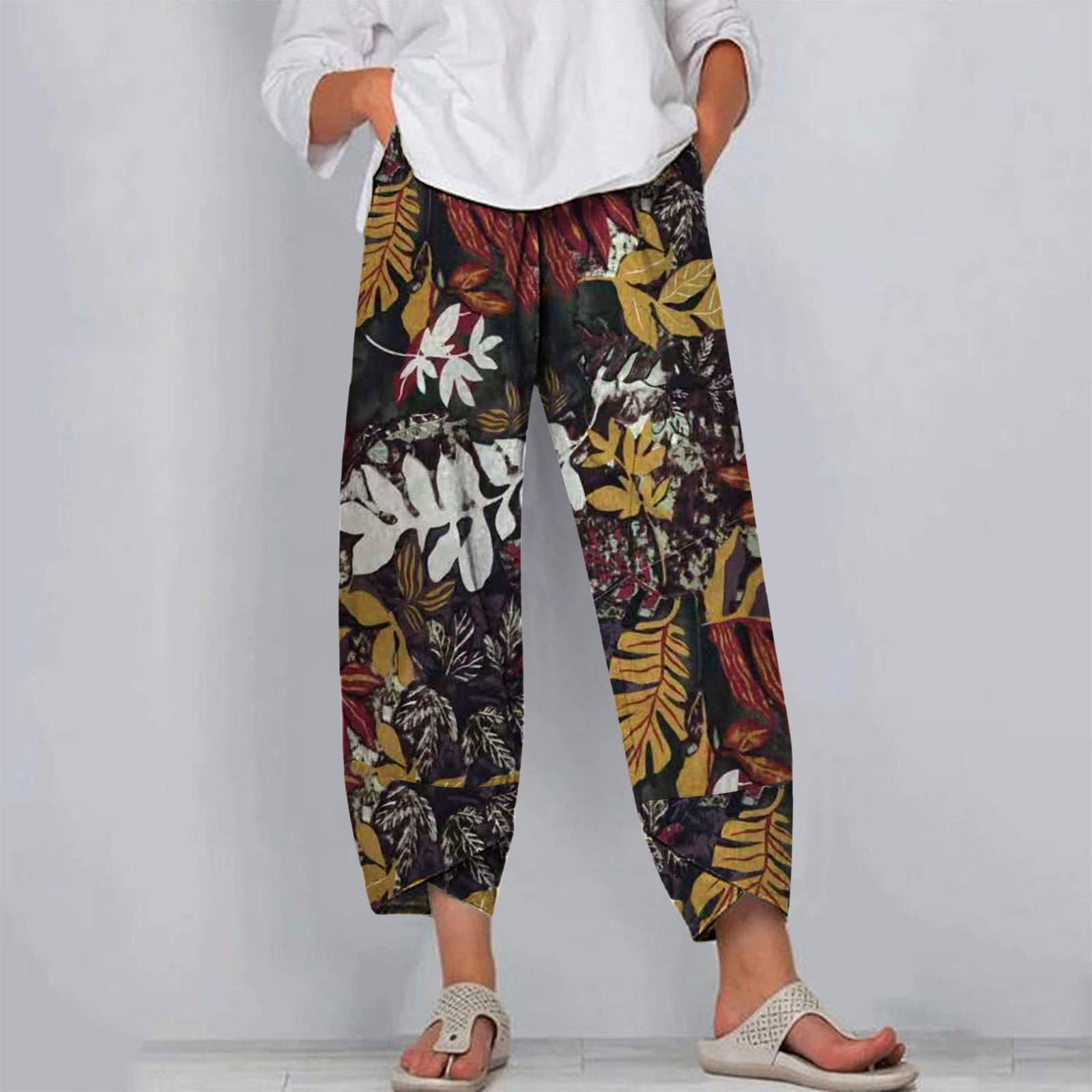 Lilgiuy Women Printing Ankle-Length Pants Pokets Casual Elastic ...