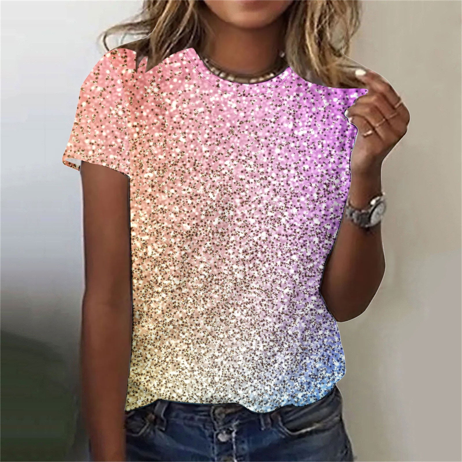 Lilgiuy Women Sequin Top 2025 Trendy Casual Round Neck Short Sleeve ...