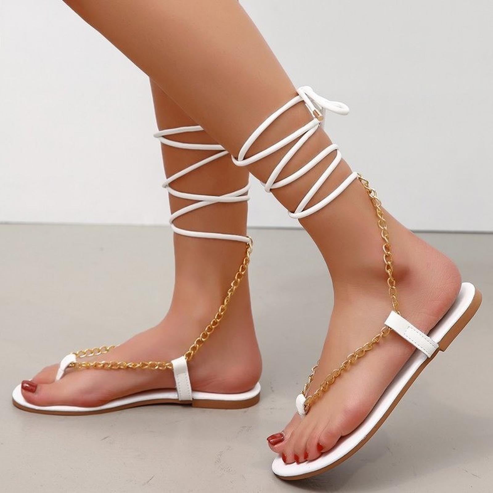 Lilgiuy Women Shoes Metal Chain With Thin Straps Ankle Loops Straps ...