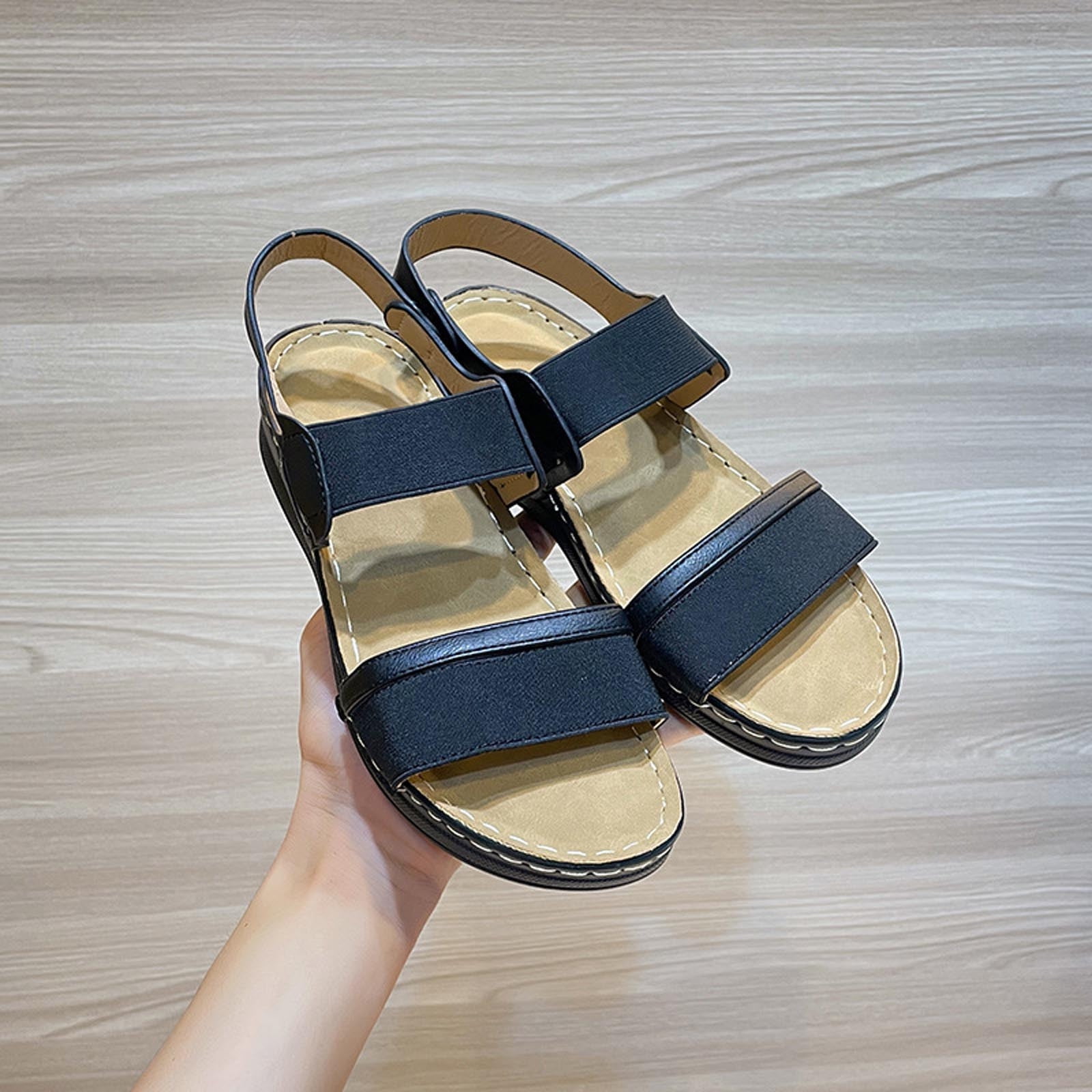 Lilgiuy Women’s Flat Sandals Open Toe Elastic Thick Bottom Slope Heel ...