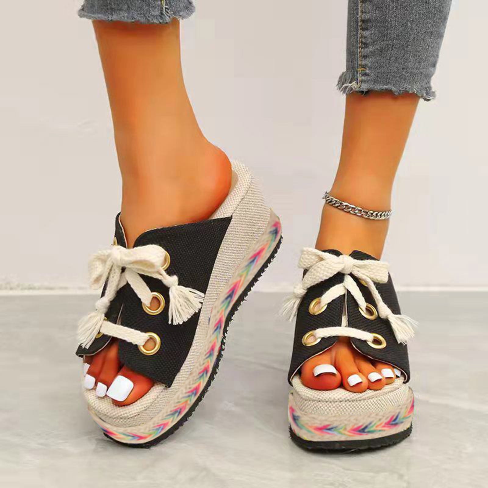 Lilgiuy Women's Platform Wedge Sandals Lace Up Platform Slides Sandals ...