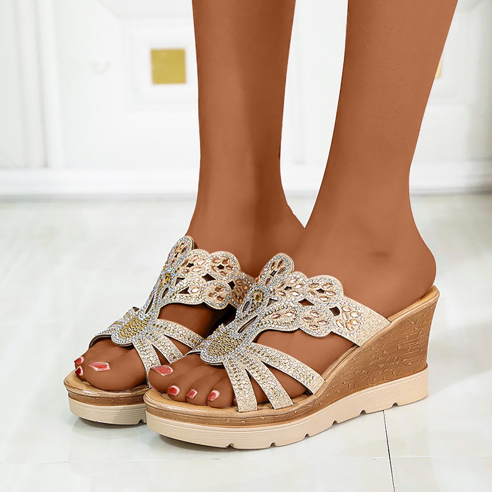 Lilgiuy Women's Platform Wedge Sandals Rhinestones Wedges Slides Open ...