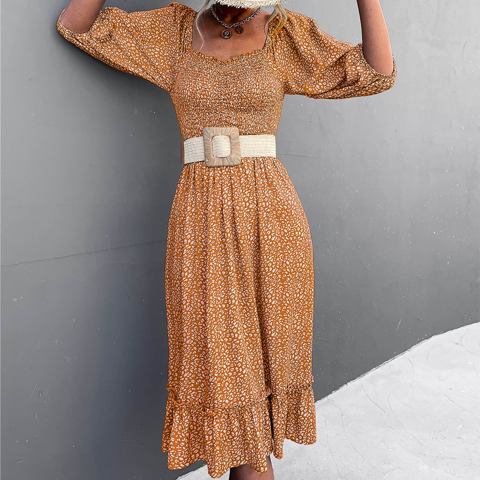 Lilgiuy Women's Retro Summer Midi Dresses Women's Fashion Bohemian Square Neck Loose Half Sleeve ...