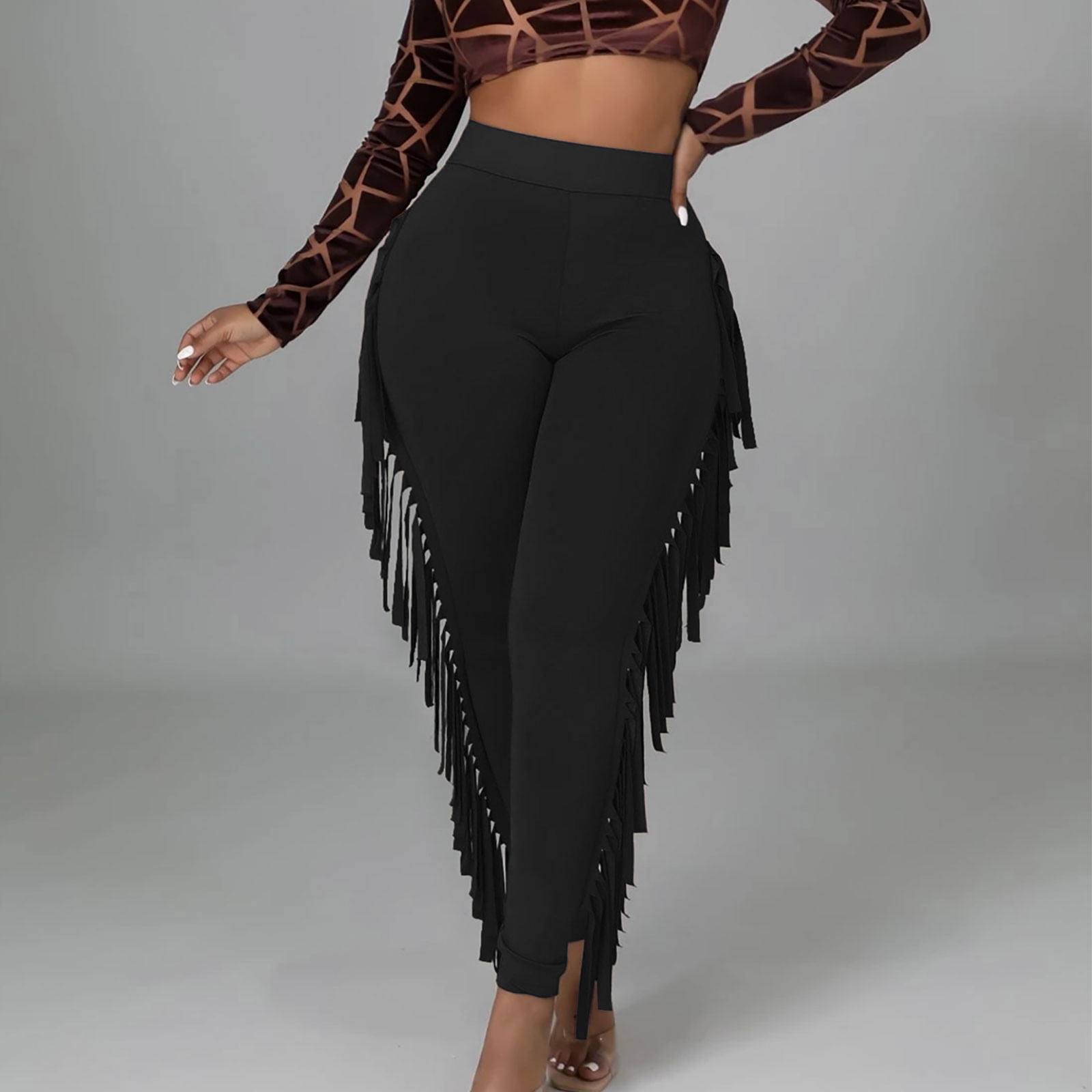 Lilgiuy Women's Sexy Tight Solid Color Fringed Bandage Trousers Dance ...