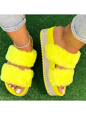 HARVEST LAND Womens Fuzzy Footbed Sandals Comfort Faux Open Toe Cork Slides Winter House Sandals ...