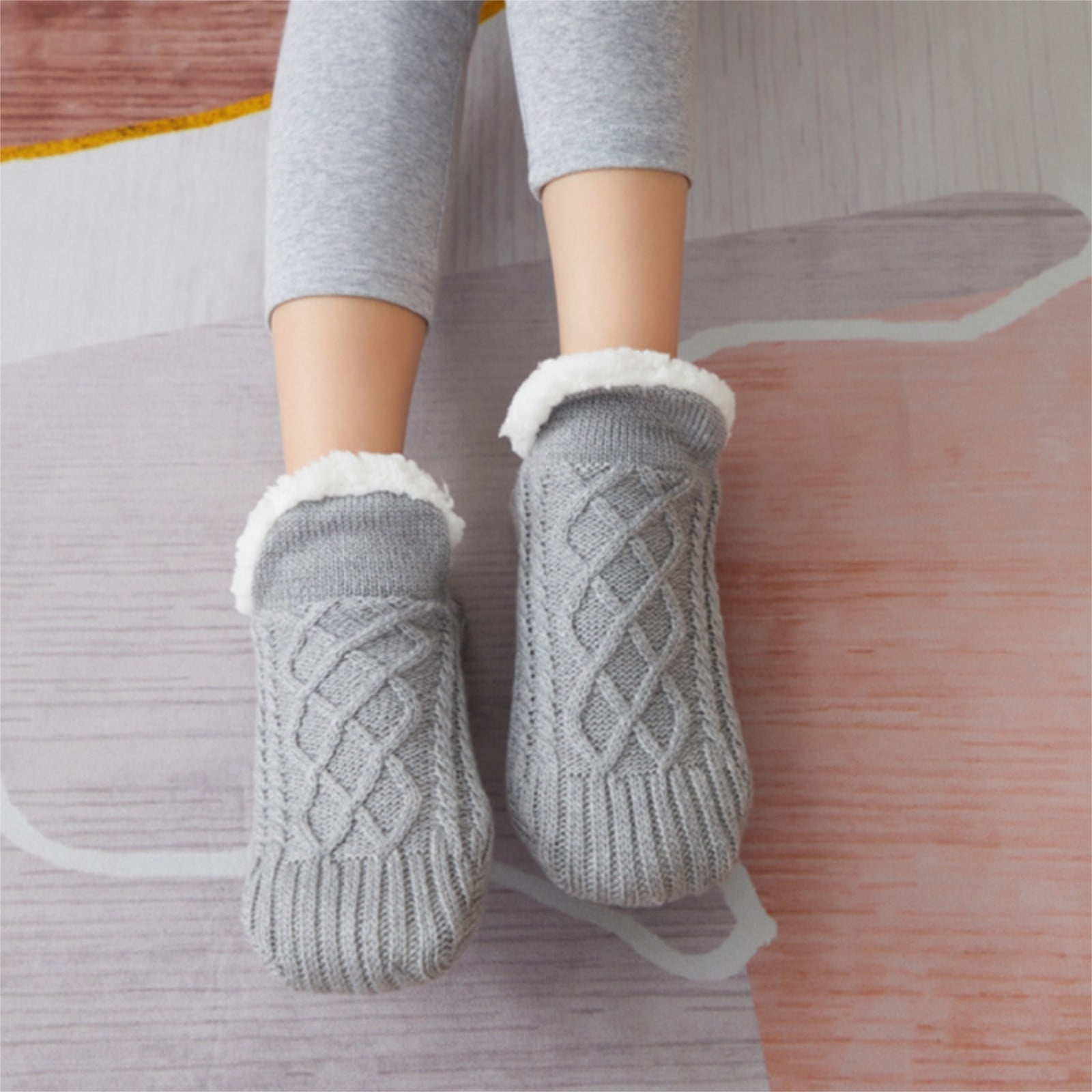Lilgiuy Women's Slipper Socks, Winter Cable Knit Non-Skid Warm Slipper ...