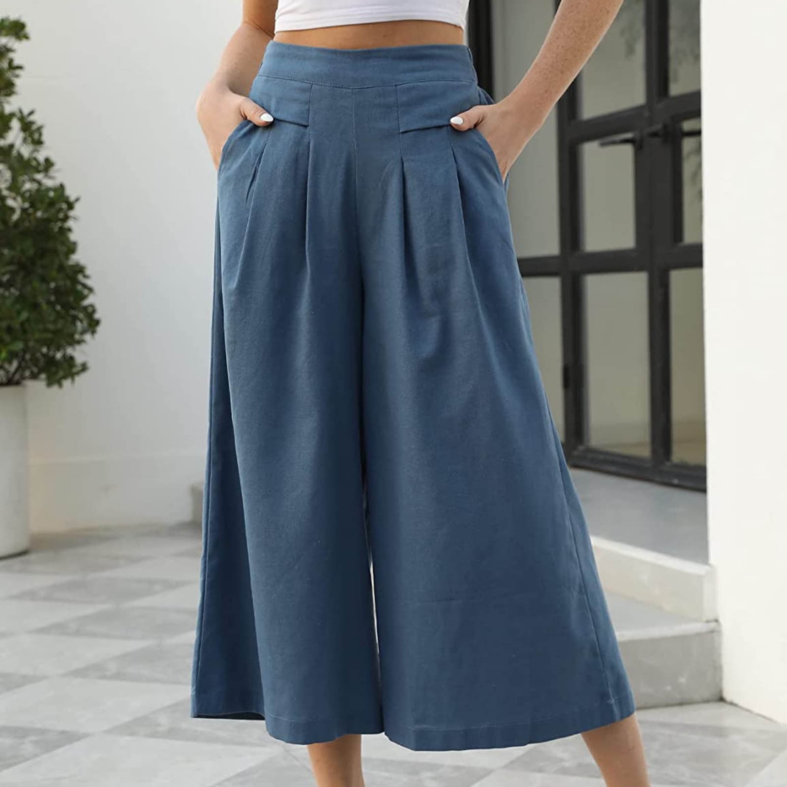 Lilgiuy Women's Solid Color High-waist Loose Women's Wide Leg Pants for ...