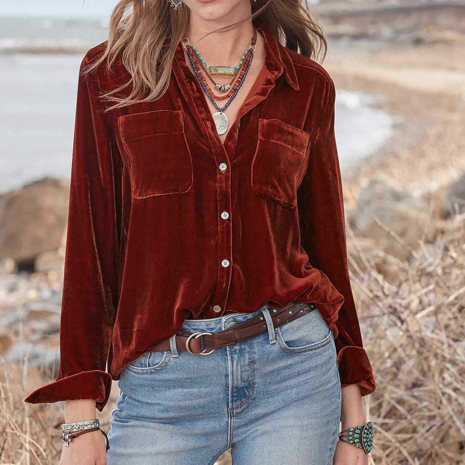 Lilgiuy Women's Solid Color Top Retro Gold Velvet Long Sleeve Top Long ...