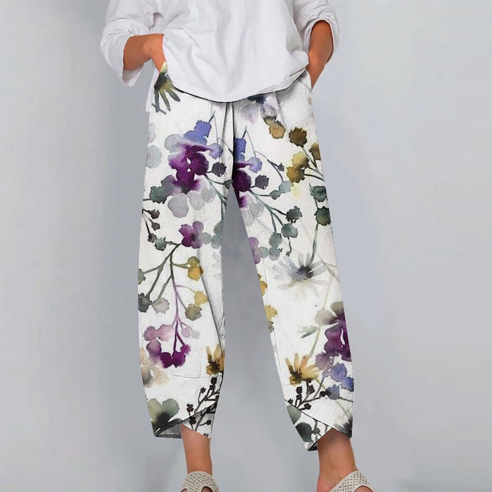 Lilgiuy Womens Elastic Waist Buttons Printing Thin Stretch Skinny Pants ...