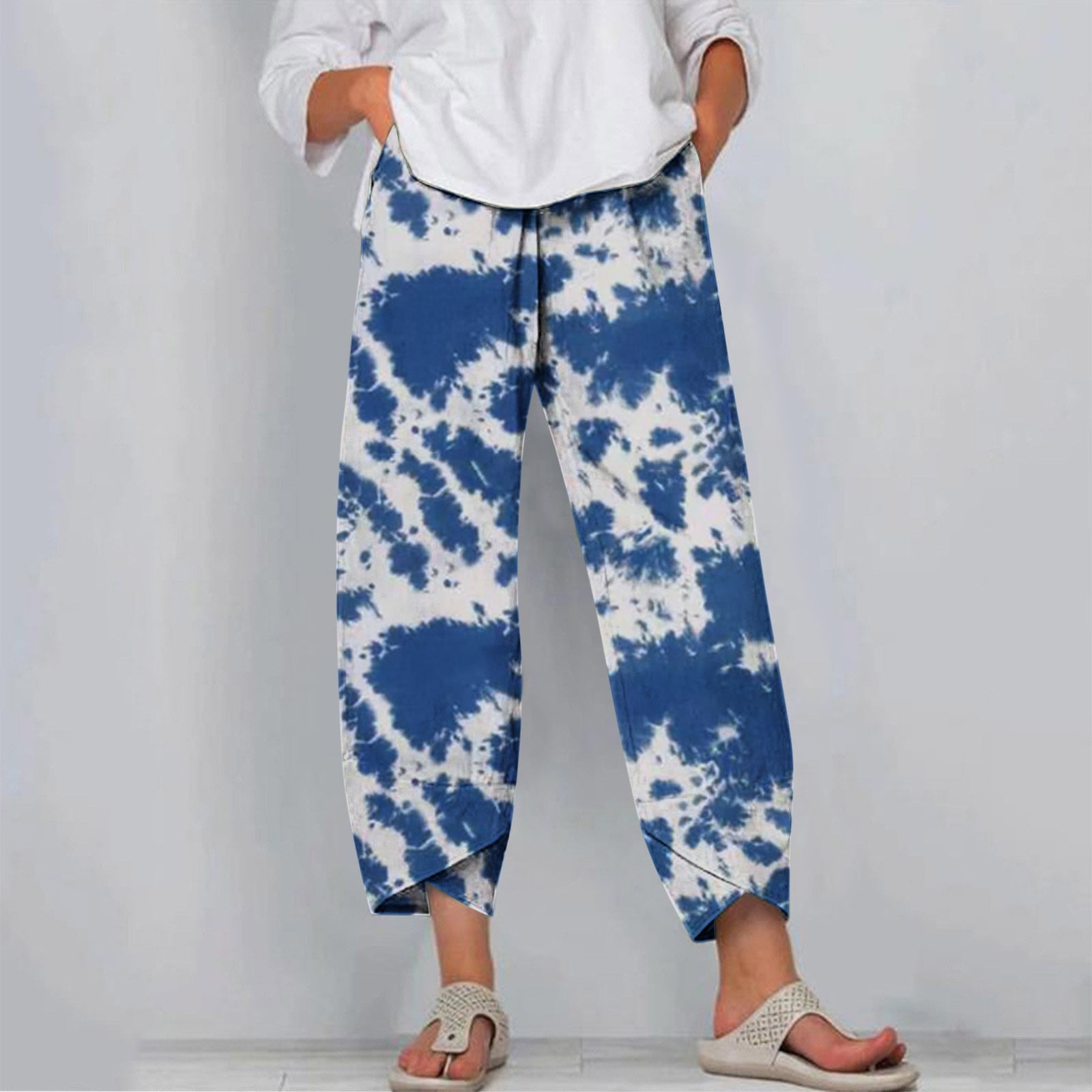 Lilgiuy Womens Elastic Waist Buttons Printing Thin Stretch Skinny Pants Trousers For Errands