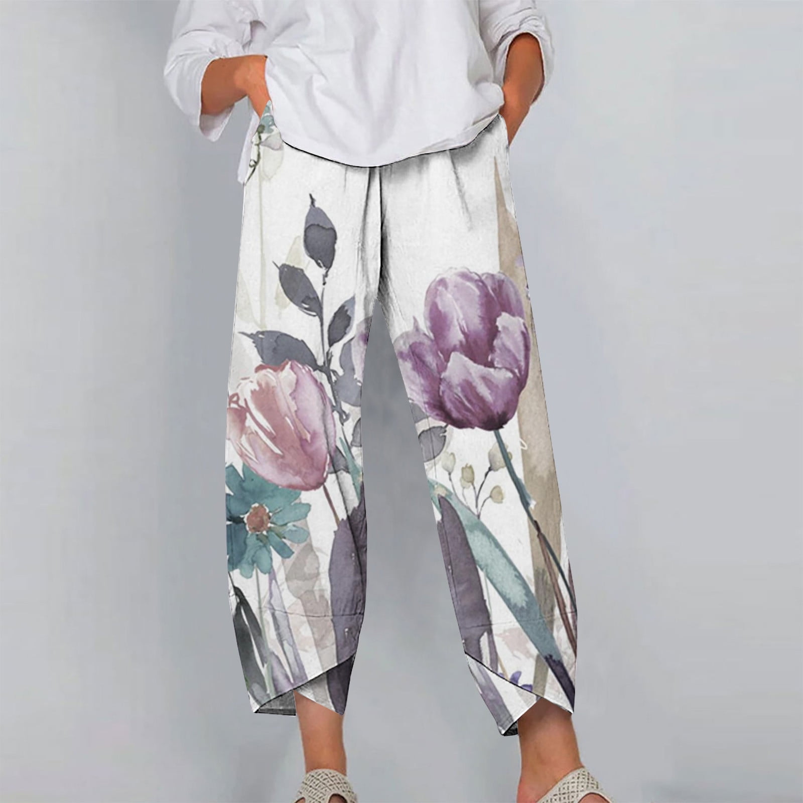 Lilgiuy Womens Elastic Waist Buttons Printing Thin Stretch Skinny Pants ...