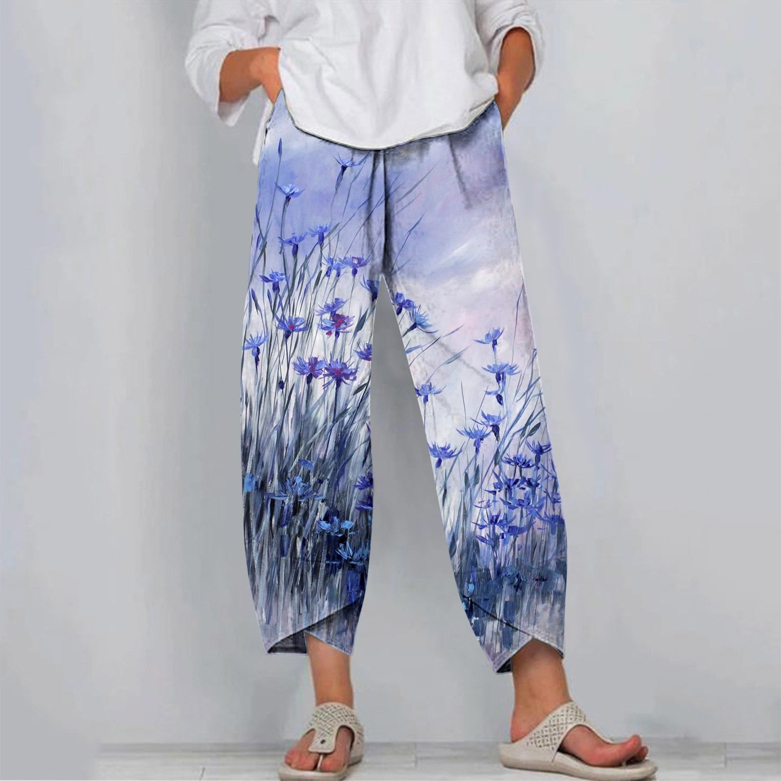 Lilgiuy Womens Elastic Waist Buttons Printing Thin Stretch Skinny Pants ...