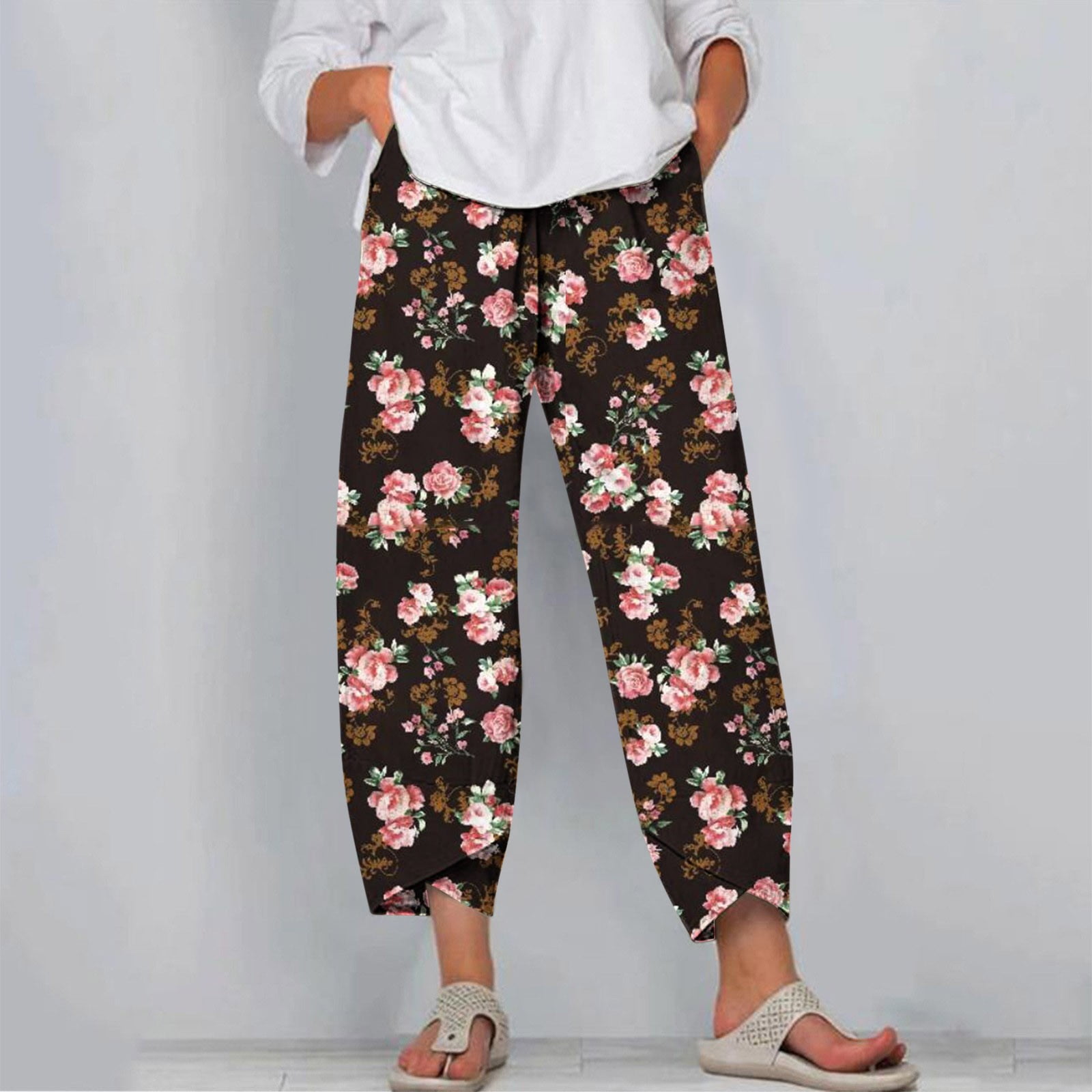 Lilgiuy Womens Elastic Waist Buttons Printing Thin Stretch Skinny Pants ...