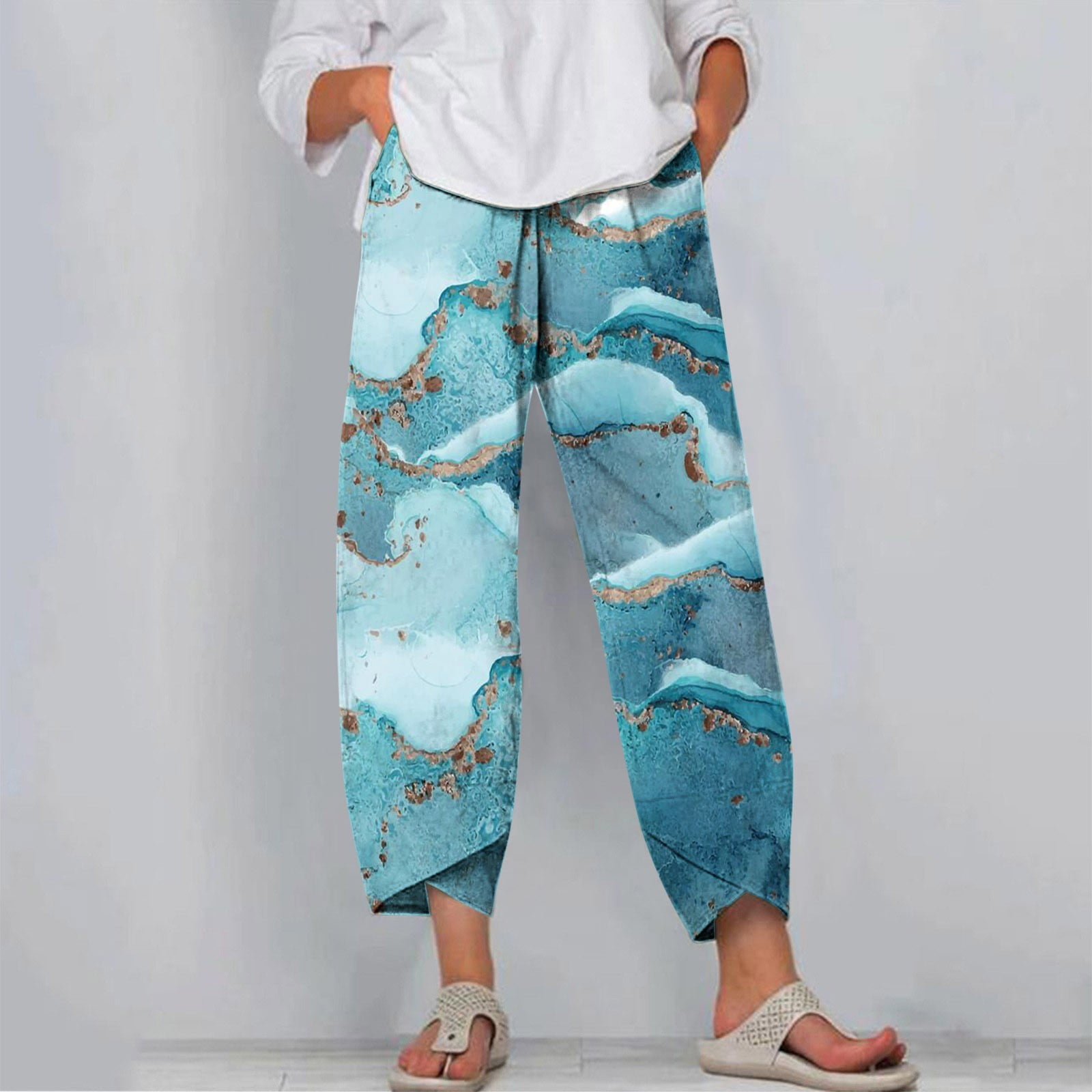 Lilgiuy Womens Elastic Waist Buttons Printing Thin Stretch Skinny Pants ...