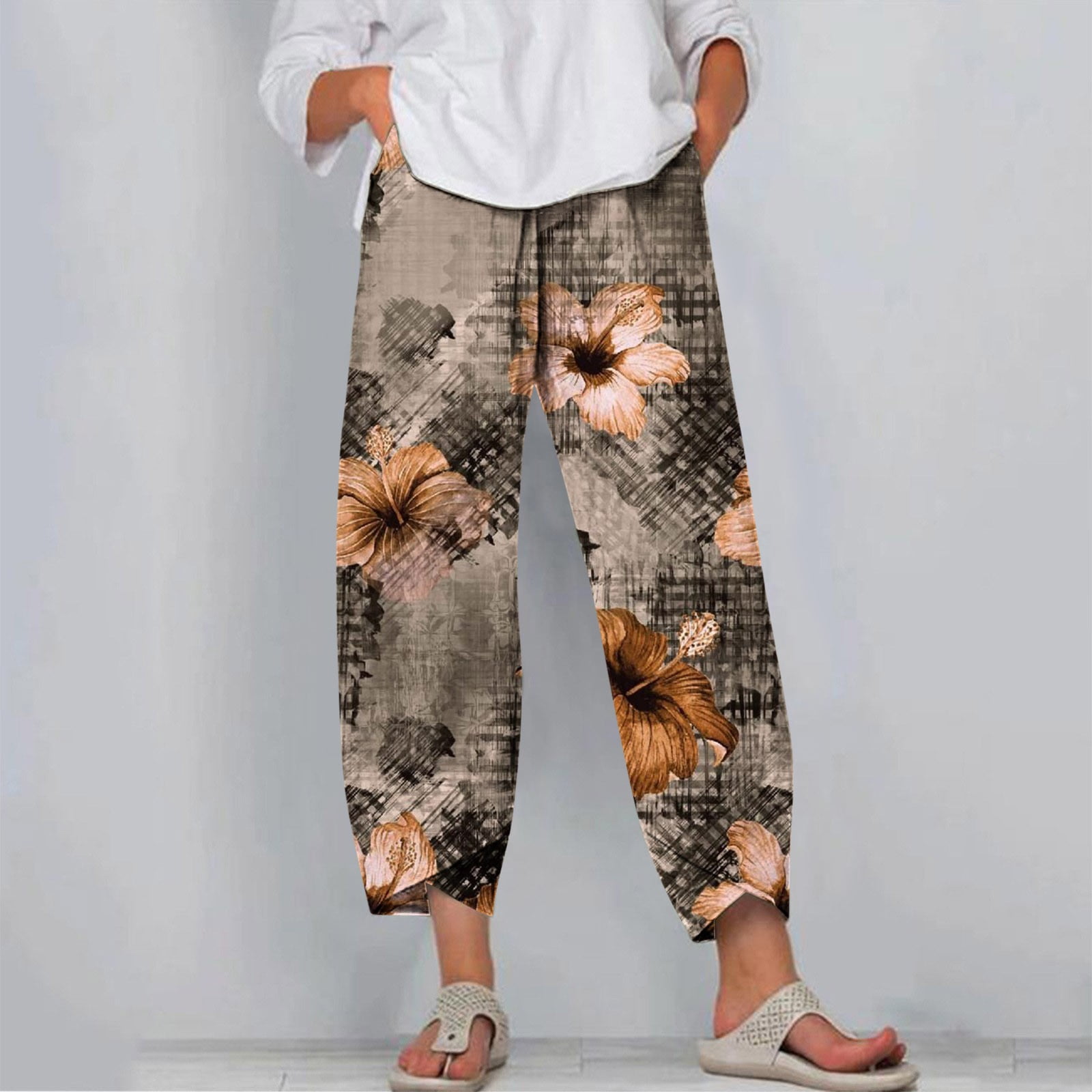 Lilgiuy Womens Elastic Waist Buttons Printing Thin Stretch Skinny Pants ...
