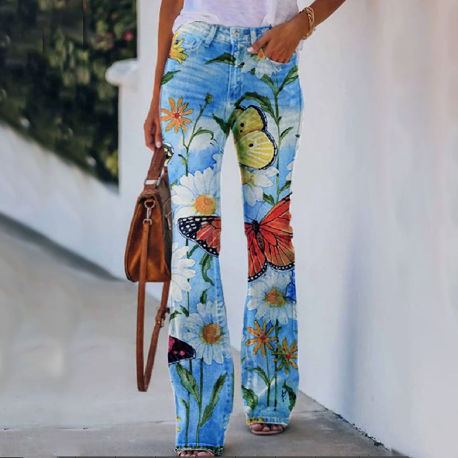 Lilgiuy Womens Elastic Waist Stretch Buttons Printing Thin Stretch ...