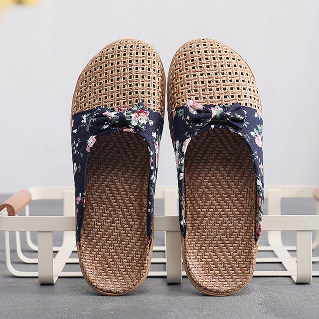 Lilgiuy Womens Rattan Woven Slippers Closed Toe Bow Straw House ...