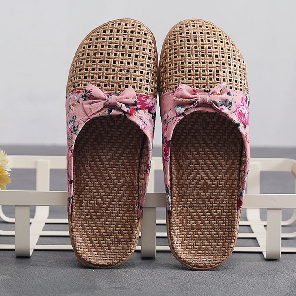 Lilgiuy Womens Rattan Woven Slippers Closed Toe Bow Straw House ...