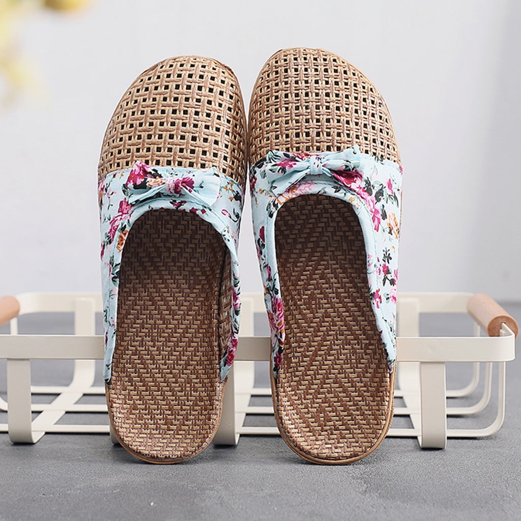 Lilgiuy Womens Rattan Woven Slippers Closed Toe Bow Straw House ...