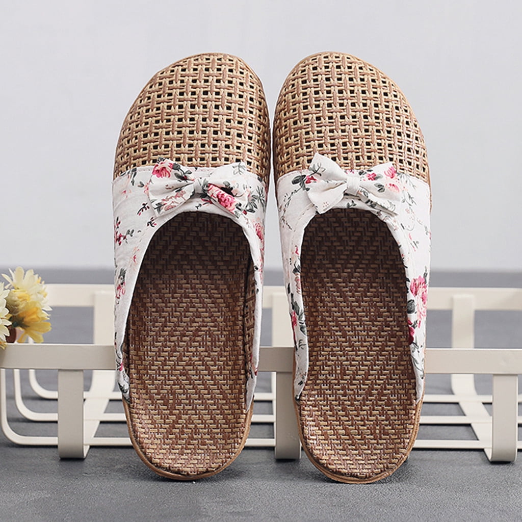 Lilgiuy Womens Rattan Woven Slippers Closed Toe Bow Straw House ...