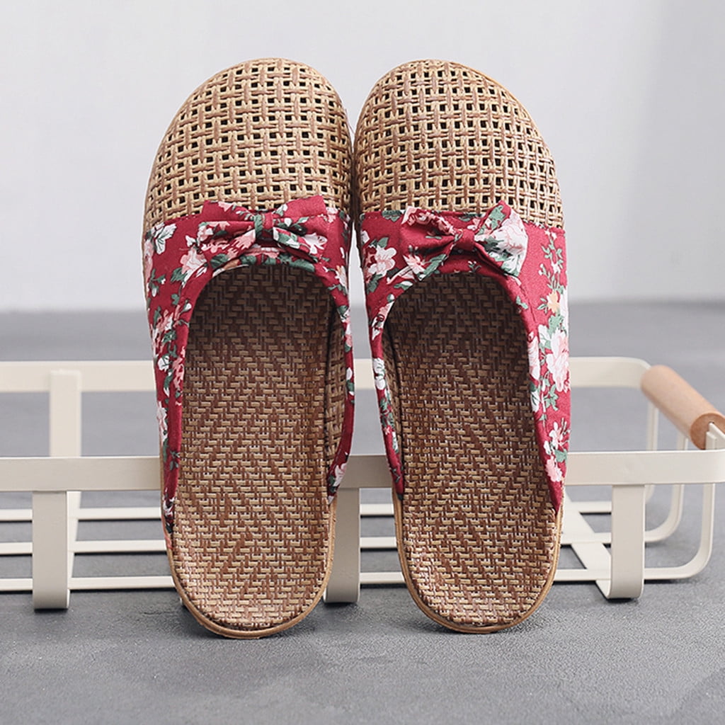 Lilgiuy Womens Rattan Woven Slippers Closed Toe Bow Straw House ...
