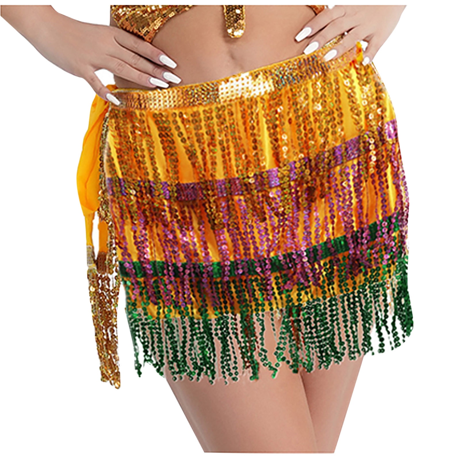 Lilgiuy Womens Sequin Tassel Skirts for Mardi Gras Sparkly Belly Dance Hip Scarf Fringe Skirt ...